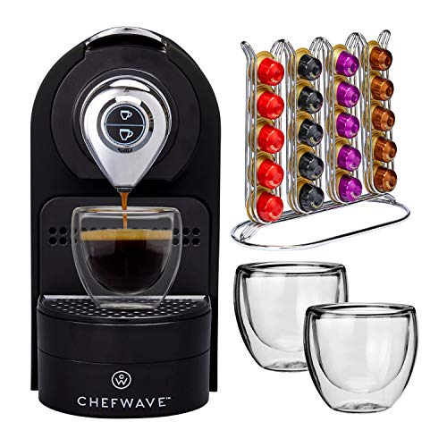 ChefWave Espresso Machine Compatible with Nespresso Coffee Capsules (Black), Pod Holder, Cups and Descaling Powder Bundle (2 Items)