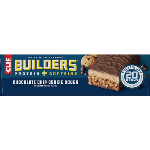 CLIF Builders + Caffeine - Chocolate Chip Cookie Dough Flavor - Protein Bars - Gluten-Free - Non-GMO - Low Glycemic - 20g Protein - 2.4 oz. (12 Count)