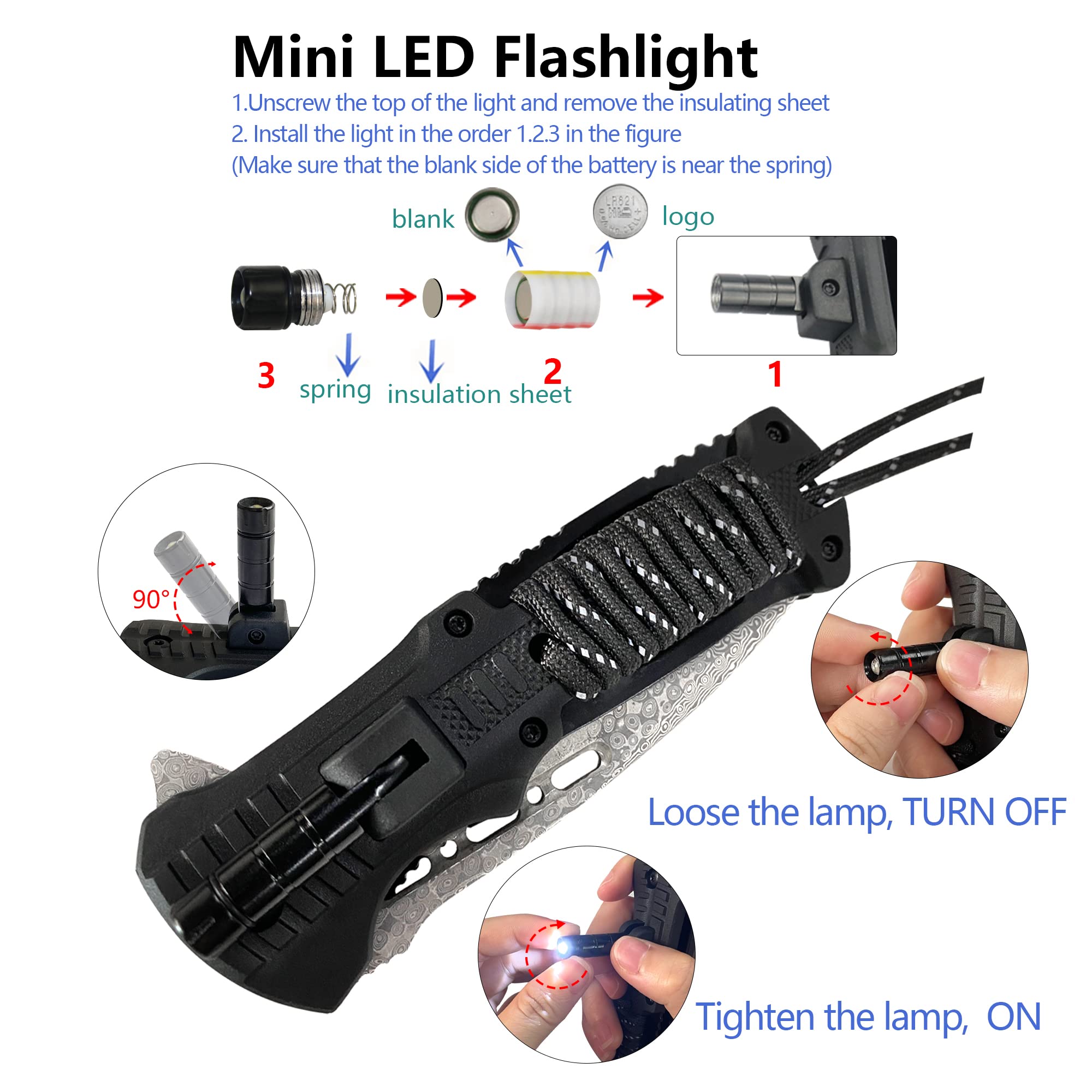 CHELONIAN Damascus Steel Hunting Folding Knives,Spring Assisted Pocket Knife with LED Light Magnesium Fire Starter Whistle (Black)