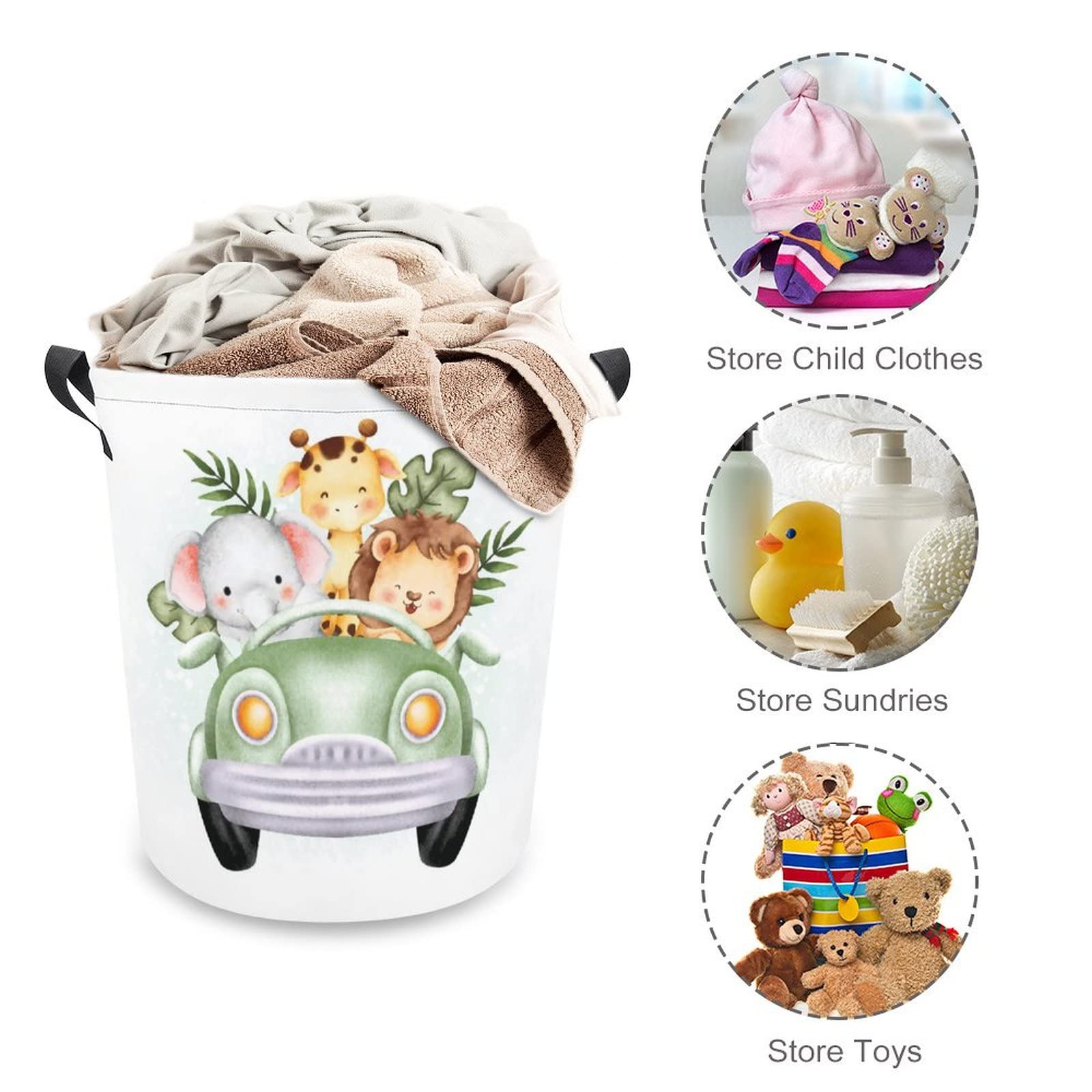 FISNAE Cute Safari Animals in Car Laundry Baskets Lion Elephant Giraffe Small Laundry Hamper-Collapsible Storage Bin with Handles Round Toy Organizer Bin for Room,Office,Nursery Hamper, Home Decor