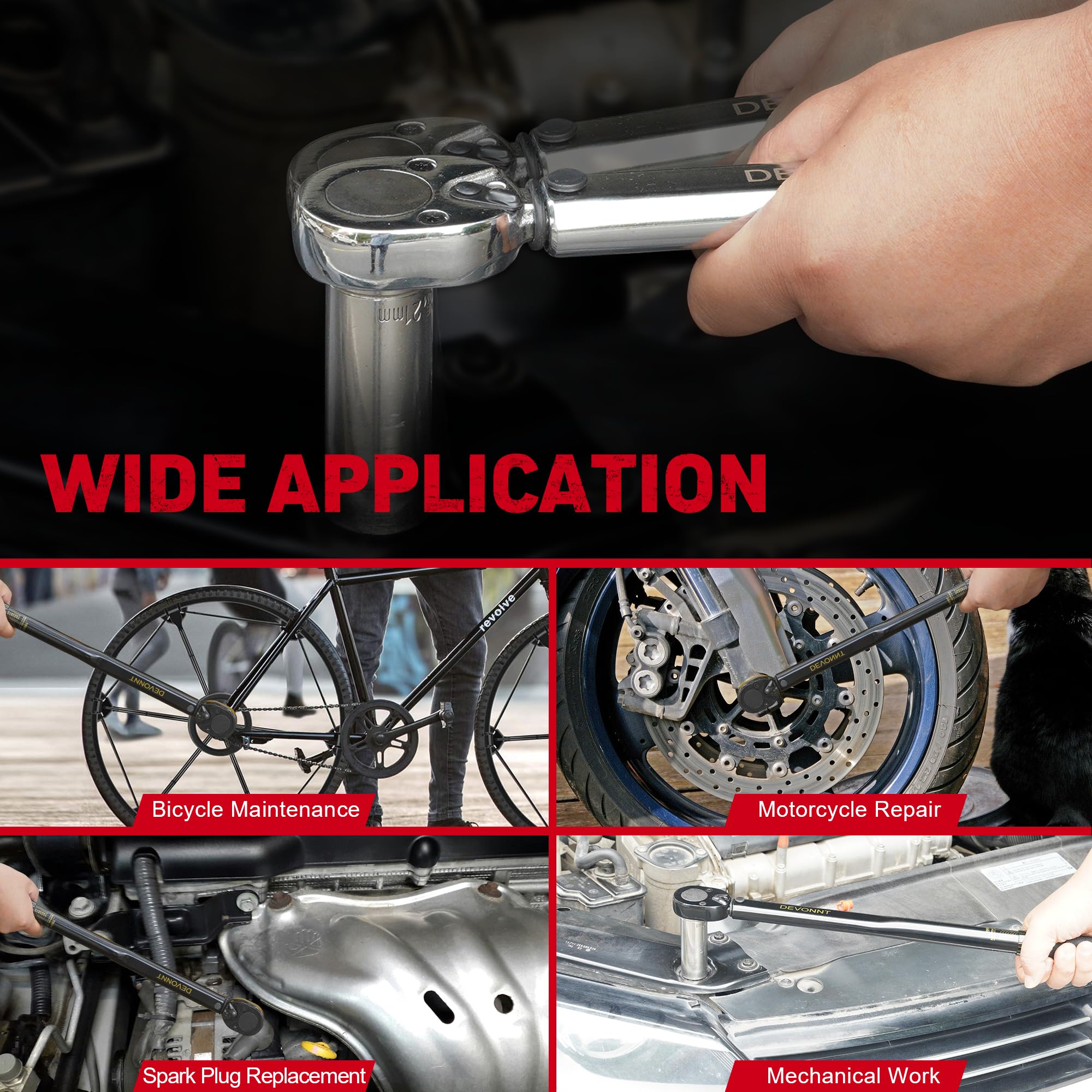 DEVONNT 1/2 Inch Drive Torque Wrench - 20-155 ft.lb/28-210 Nm, Dual-Direction Adjustable 72 tooth Click Torque Wrench with Buckle for Bicycle, Moto, Car Maintenance.Black