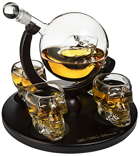 Skull King Skeleton Wine & Whiskey Globe Decanter Set 850 mL With 4 Skull Head 3oz Skeletons Shot Glasses + Mahogany Wooden Base Decor Glass, Goth Spooky Drinking Glassware The Wine Savant