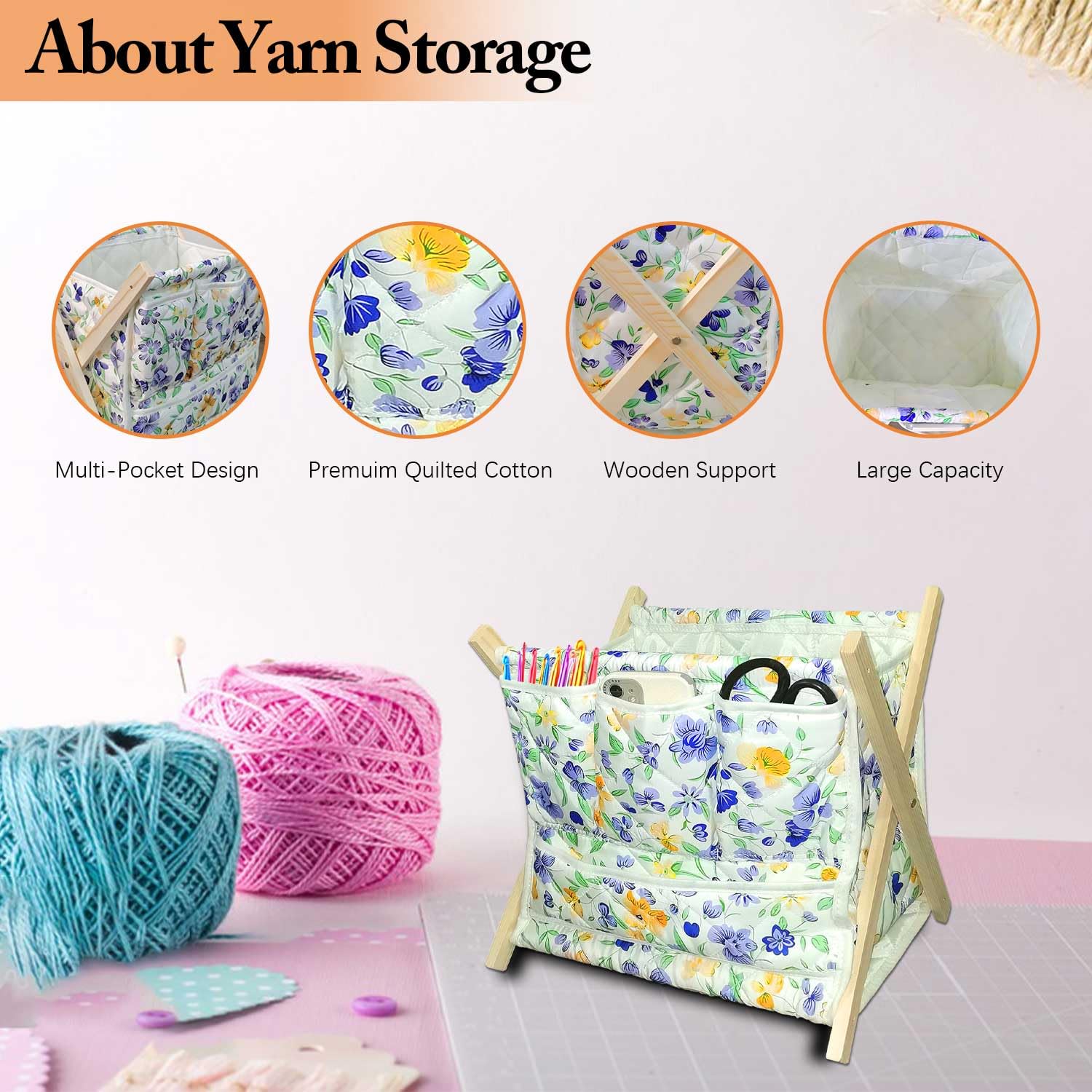 Gkesgm Yarn Storage Organizer for Yarn Skeins,Crochet Bag Organizer for Crochet Hooks Knitting Needles,Crochet Accessories, Crocheting & Knitting Gifts,(Flower-Purple) Yarn Holder Self Installation