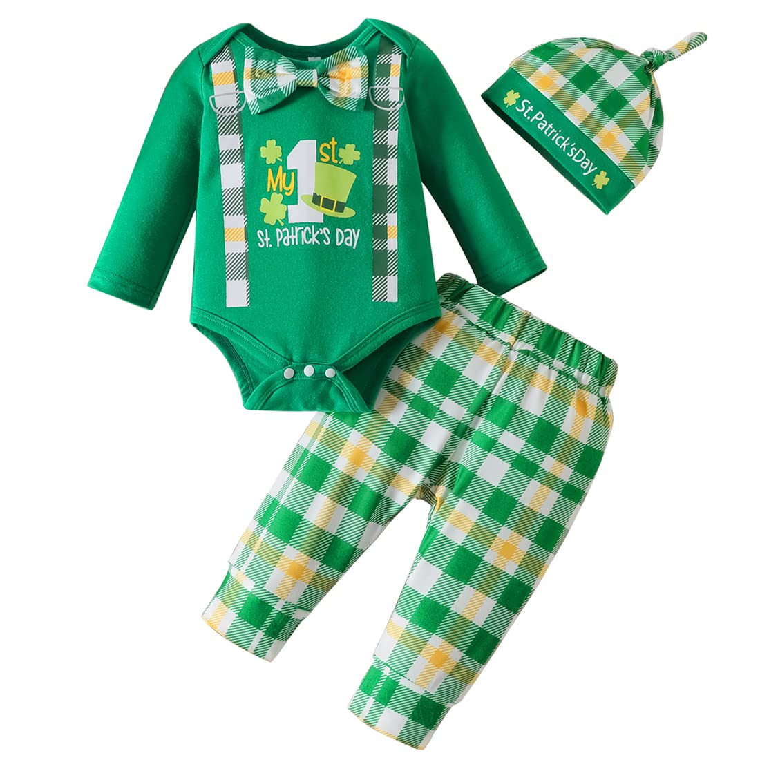 flower frail Infant Baby Boy My first St Patricks Day Outfit Newborn Green Bow Tie Romper Irish Clover Pant Set and Hat 3-6M