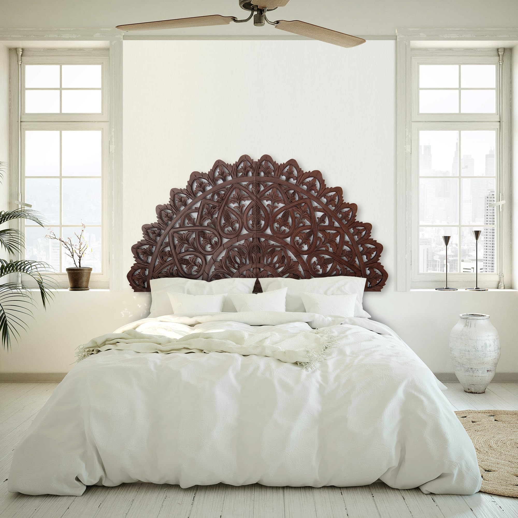 Half Moon Queen Wood Headboard Brown | Carved Full Headboard Only | Wooden Headboard Full Size Bed | Wall Mount Headboard Queen | Full Bed Headboard Panels (Mahkota Dark Brown, Queen)