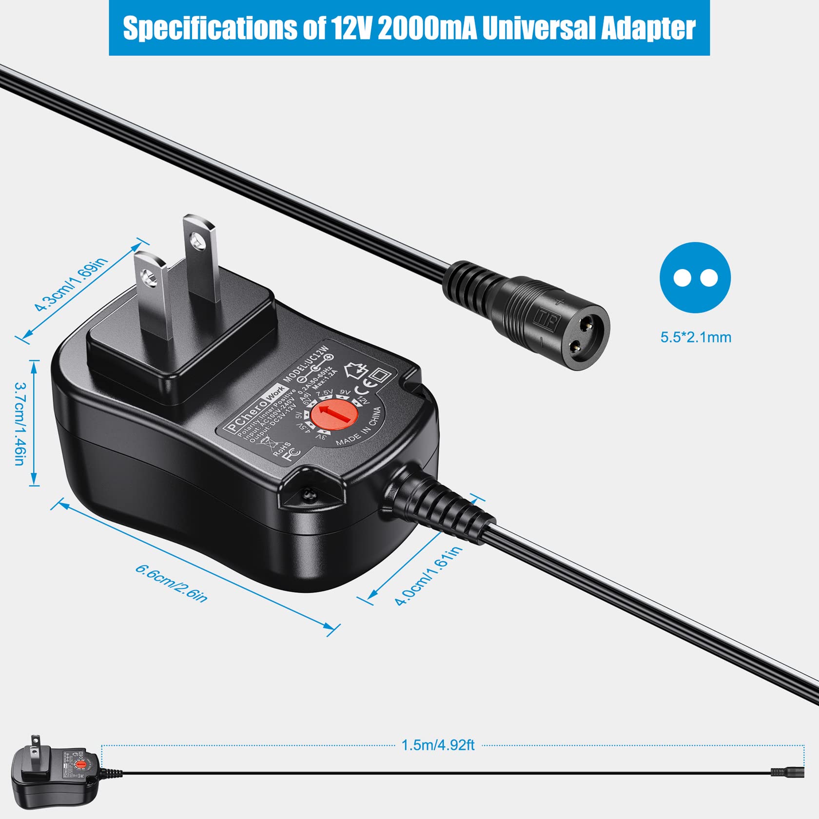 PChero 12W Universal Multi Voltage AC/DC Adapter Switching Power Supply with 8 Selectable Adapter Plugs, Suitable for 3 V to 12 V Home Household Electronics Devices