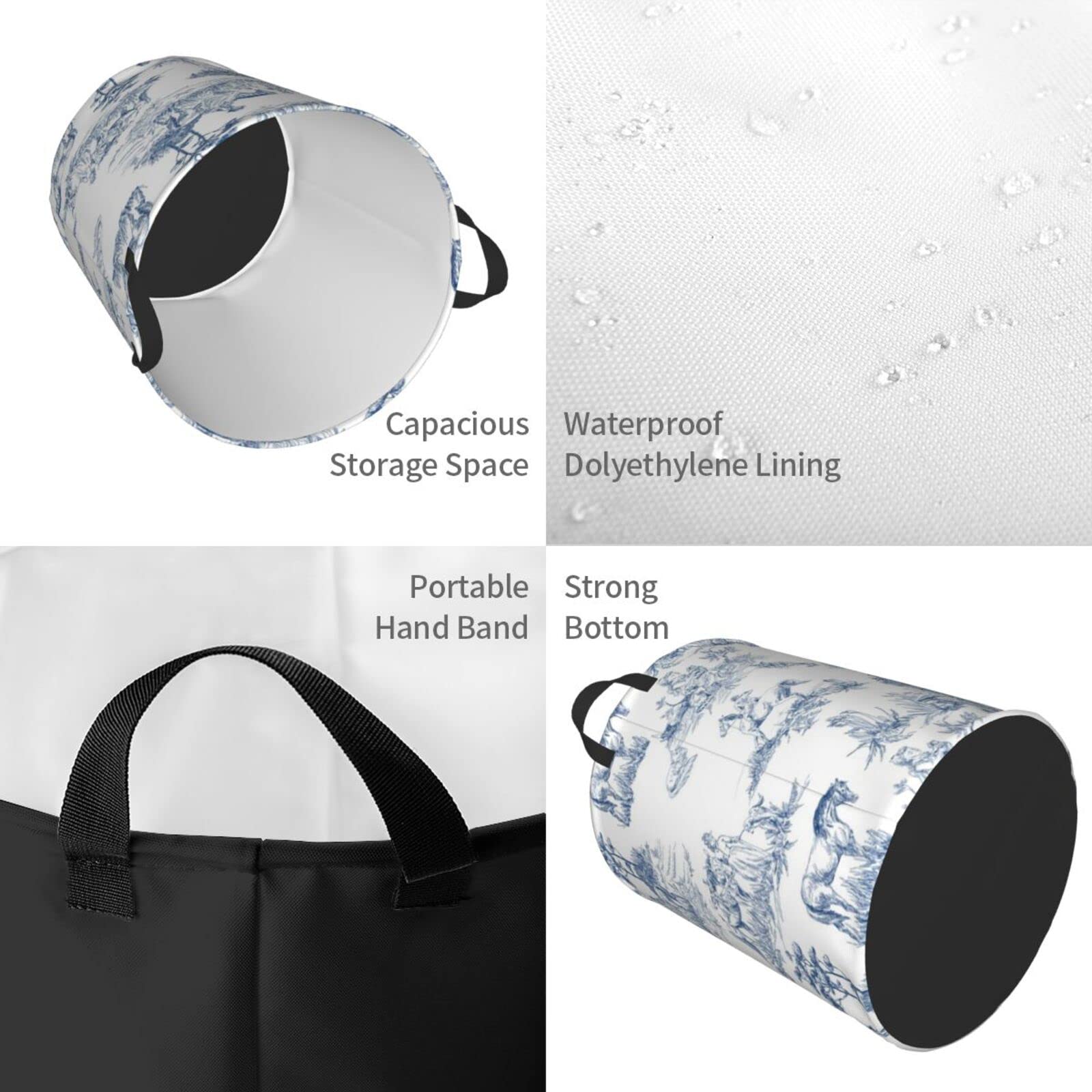 Laundry Hamper With Handles-Unique Toile Design Blue Laundry Basket-Round Storage Bin Dirty Clothes Basket
