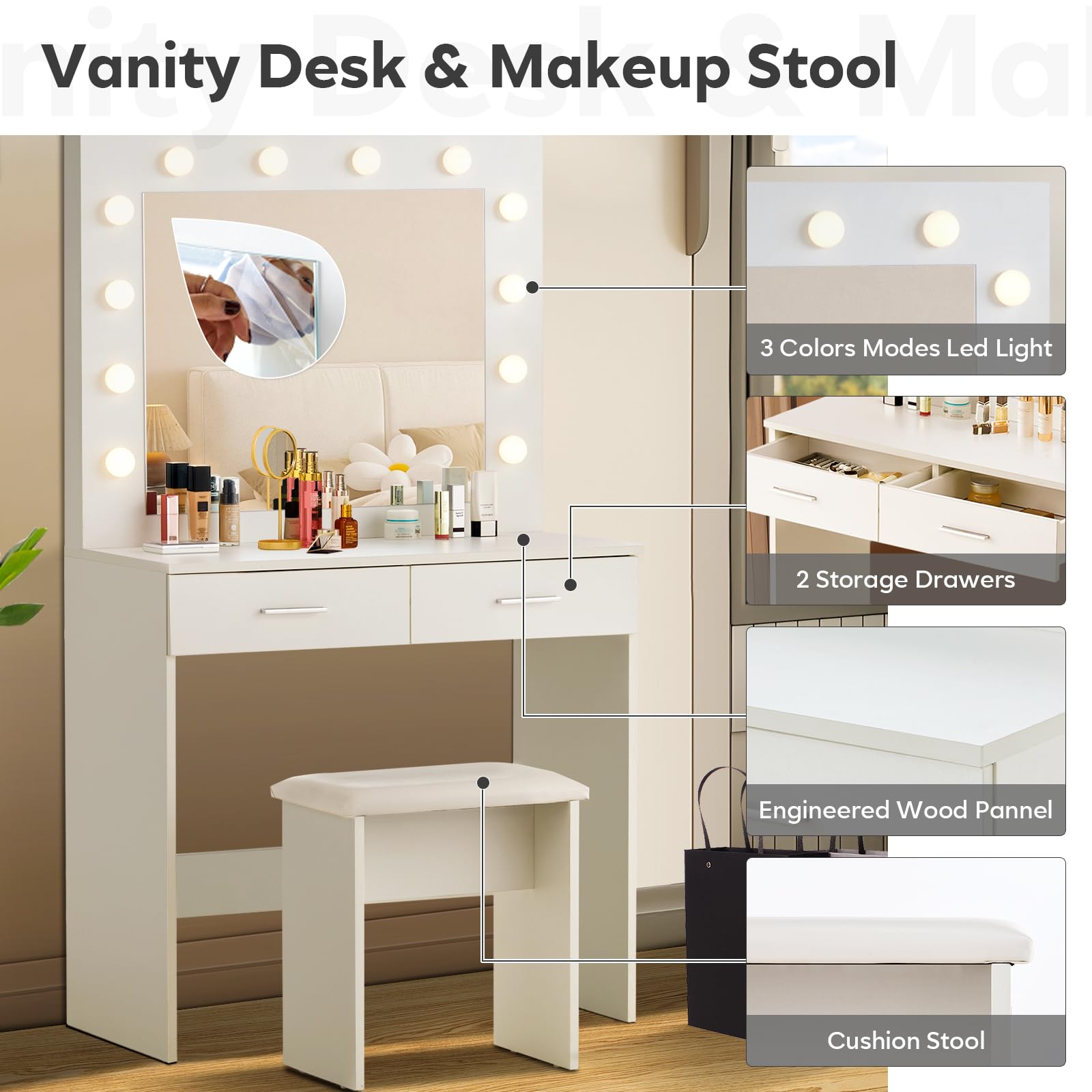 CLIPOP Modern Makeup Table with Mirror and Chair, Dressing Table with Light, 2 Drawers, Bedroom Dressing Table with 12 LED Lights and 3 Colors Lighting, Vanity Stool for Women, Girl’s Room (White)