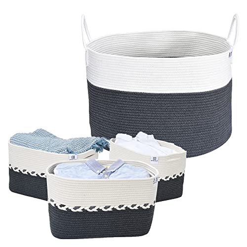 RITHLELA Bundle of Cotton Rope Basket Set, Woven Laundry Basket for Blankets Toys Clothes, Nursery Storage Basket with Handles - dark gray