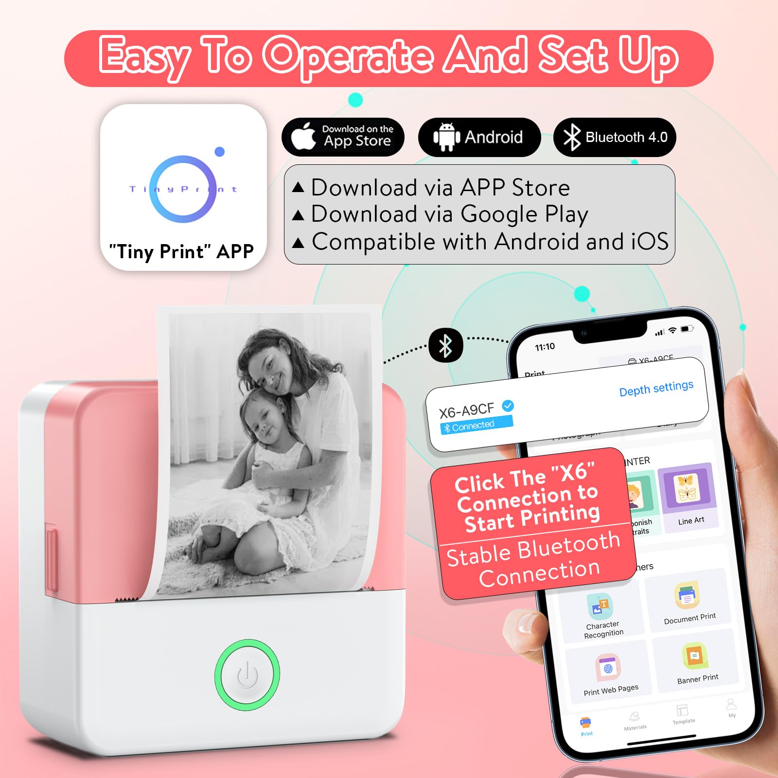 HBCX Mini Sticker Printer, Inkless Thermal Printer, Mini Pocket Bluetooth Printer for Kids Adult, Sticker Maker Machine Receipt Printer Portable Small Printer for Photo, Memo, Work (Pink)