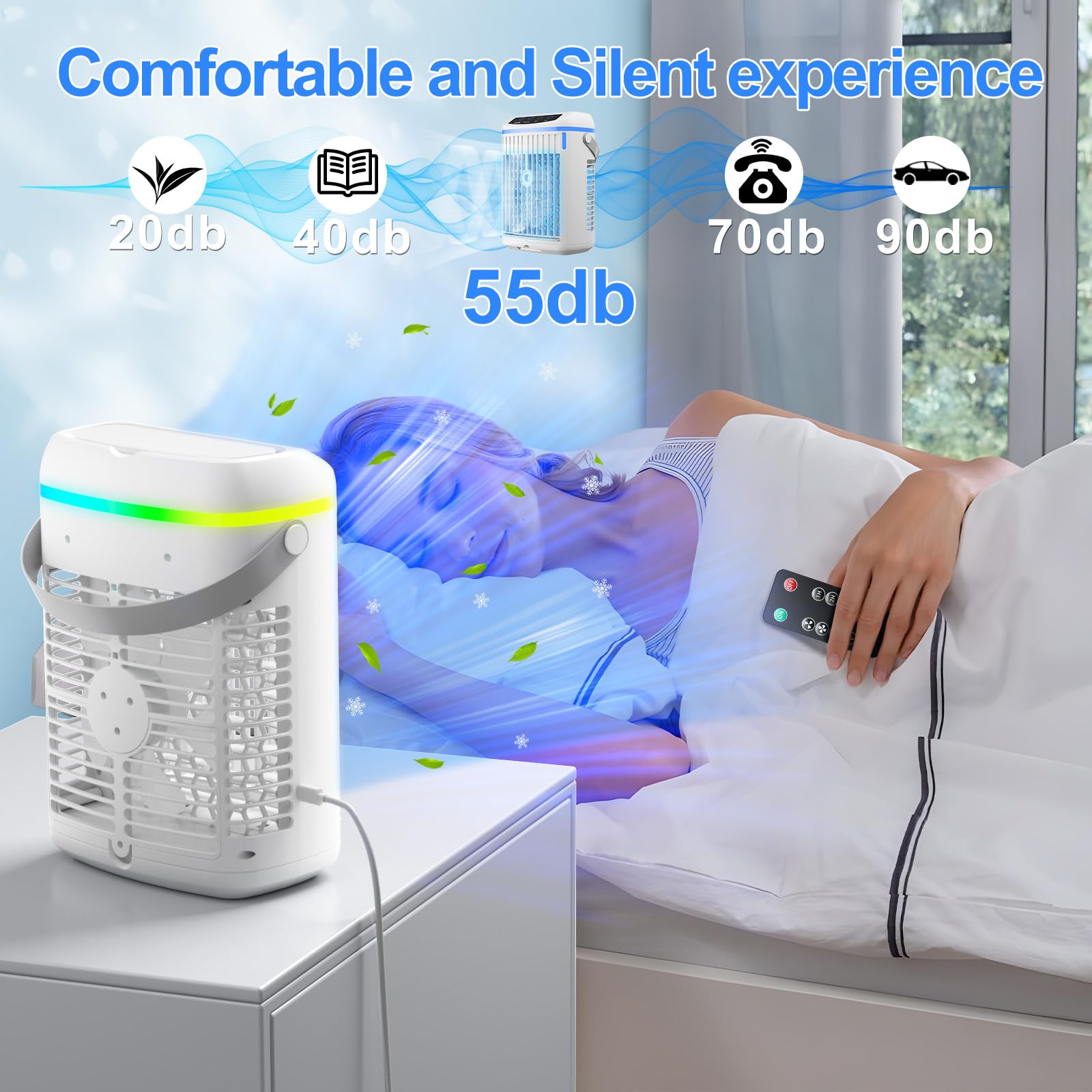 Evaporative Air Cooler, PERKDS Portable Air Conditioner with Quiet, 3 wind speeds & 2 Cool Mist with Colorful Night Light, Mini air conditioner for Bedroom Room Car Office