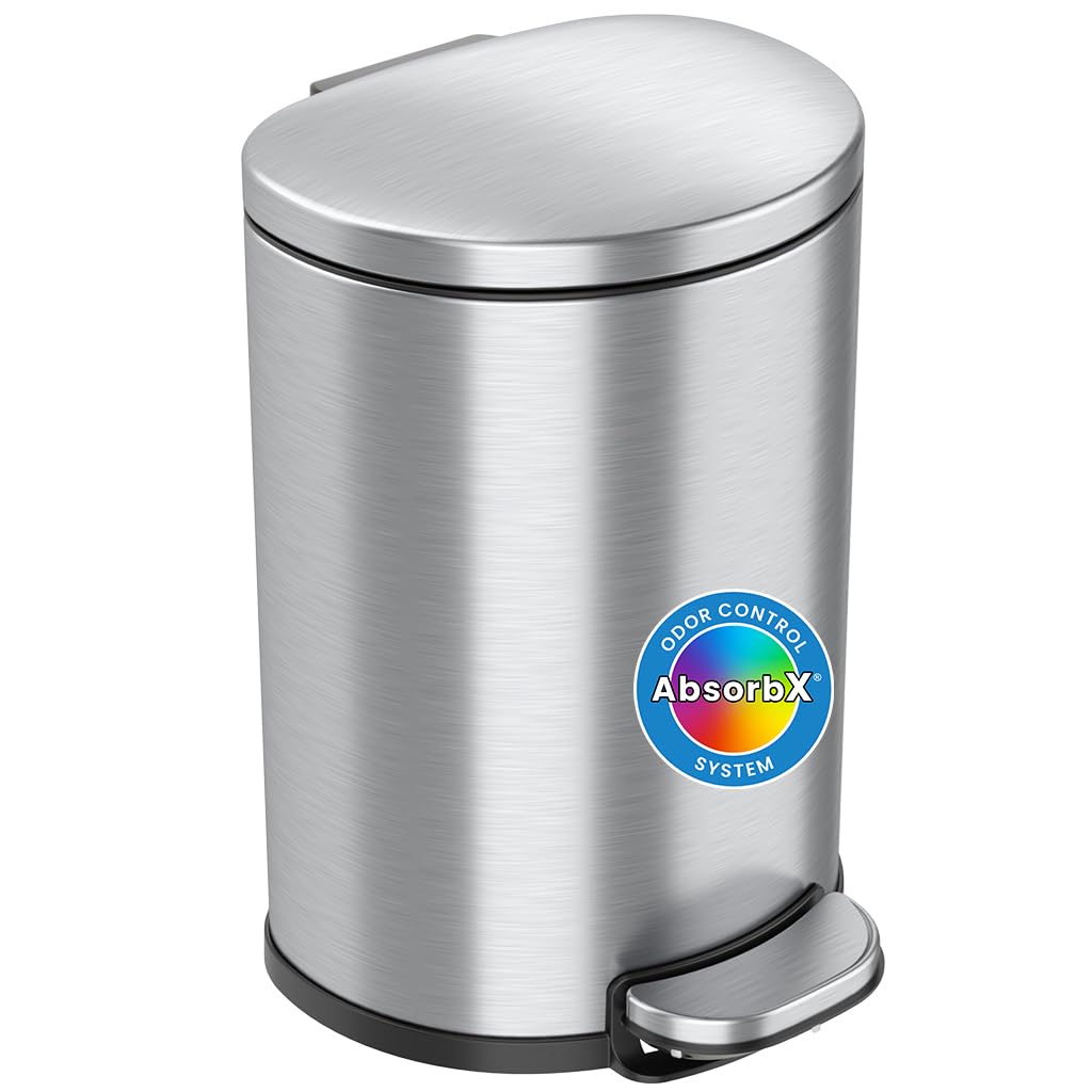 iTouchless SoftStep 2 Gallon Small Semi-Round Bathroom Step Trash Can with AbsorbX Odor Filter and Removable Inner Bucket, Stainless Steel, 7 Liter Pedal Garbage Bin for Bedroom, Office Cubicle