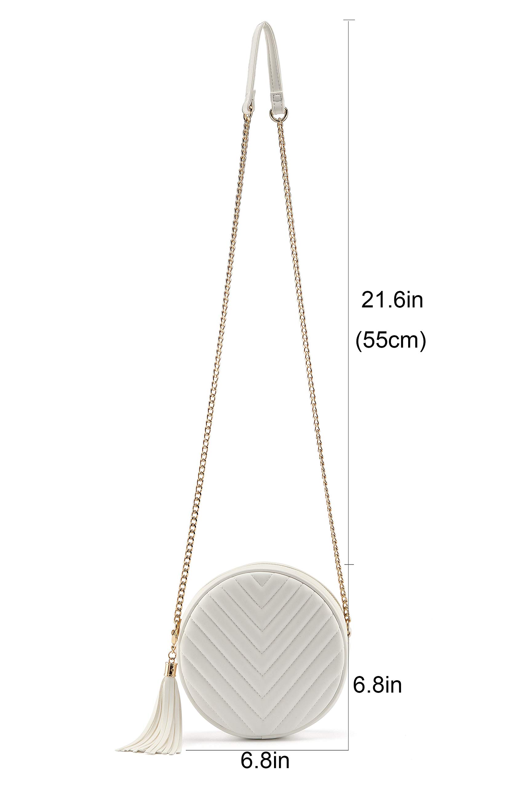 CHIC DIARY Small Crossbody Bags for Women Round Quilted Purse with Tassel Faxu Leather Shoulder bag (White)