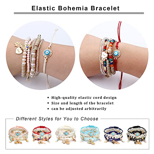 DOLOTTA 6 Sets Bohemian Stackable Bead Bracelets for Women Stretch Multilayered Beaded Bracelet Crystal Beaded Lucky Protection Evil Eye Hamsa Hand Bracelet Set