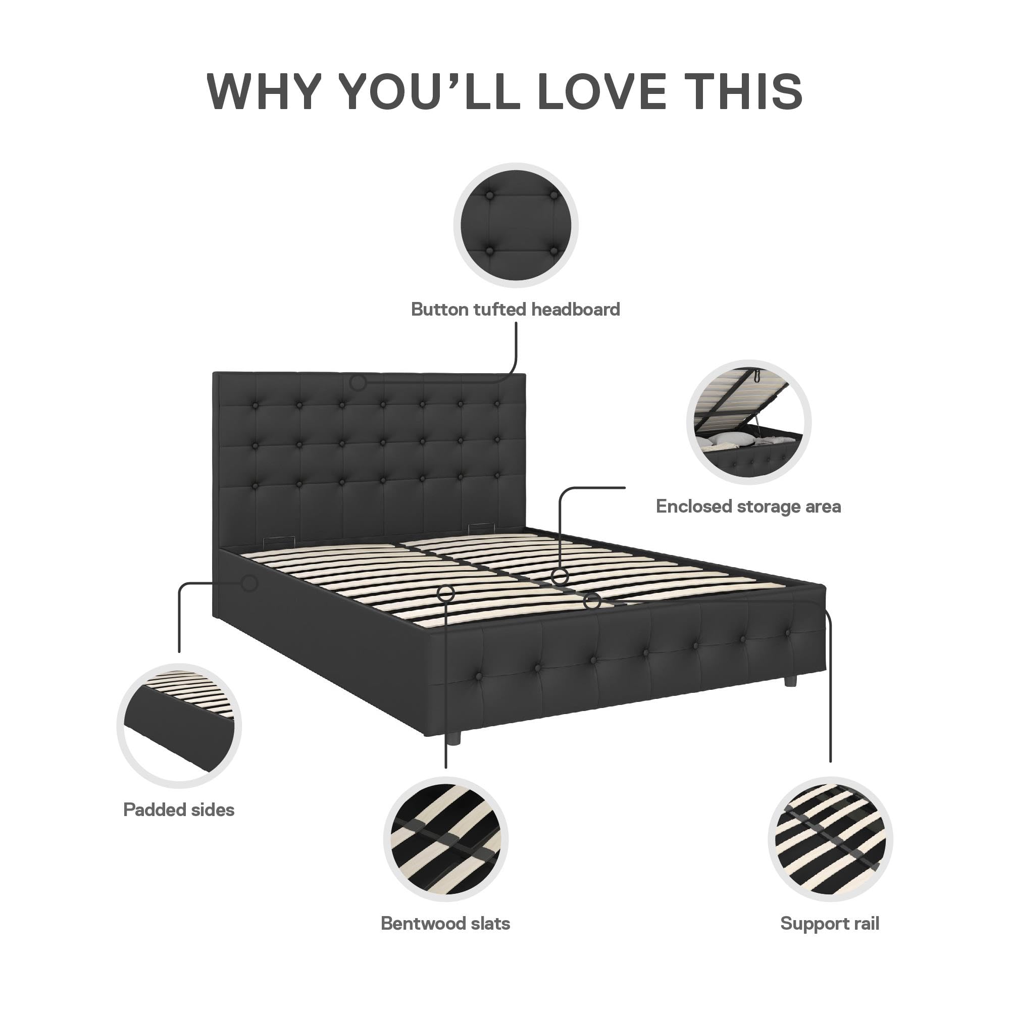 DHP Cambridge Gas Lift Upholstered Platform Bed with Storage Compartment and Button Tufted Headboard and Footboard, No Box Spring Needed, Queen, Black Faux Leather
