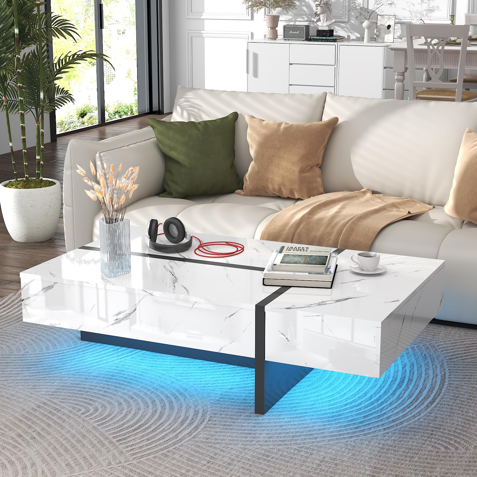 chartustriable 47.2" Modern Coffee Table for Living Room, LED High Gloss Coffee Table with Storage Drawers and LED Light, Center Table for Living Room(Black & Marble)
