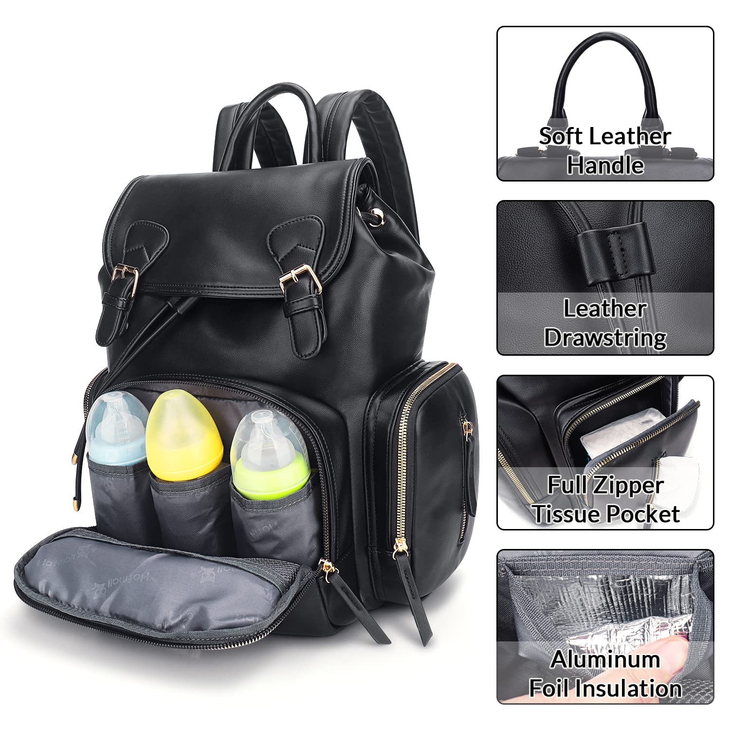 Hafmall Diaper Bag Backpack, Leather Diaper Backpack with 4 Insulated Pockets for Mom Dad, Stylish Baby Bag with Stroller Hooks, Travel Backpack for Mommy, Black Maternity Bag