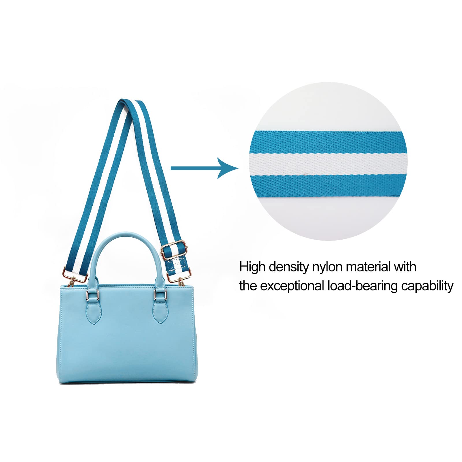 Haftigts Wide Purse Strap Replacement Crossbody, Adjustable Detachable Stripe Straps, Golden Buckle & Hook Bag Strap, Blue