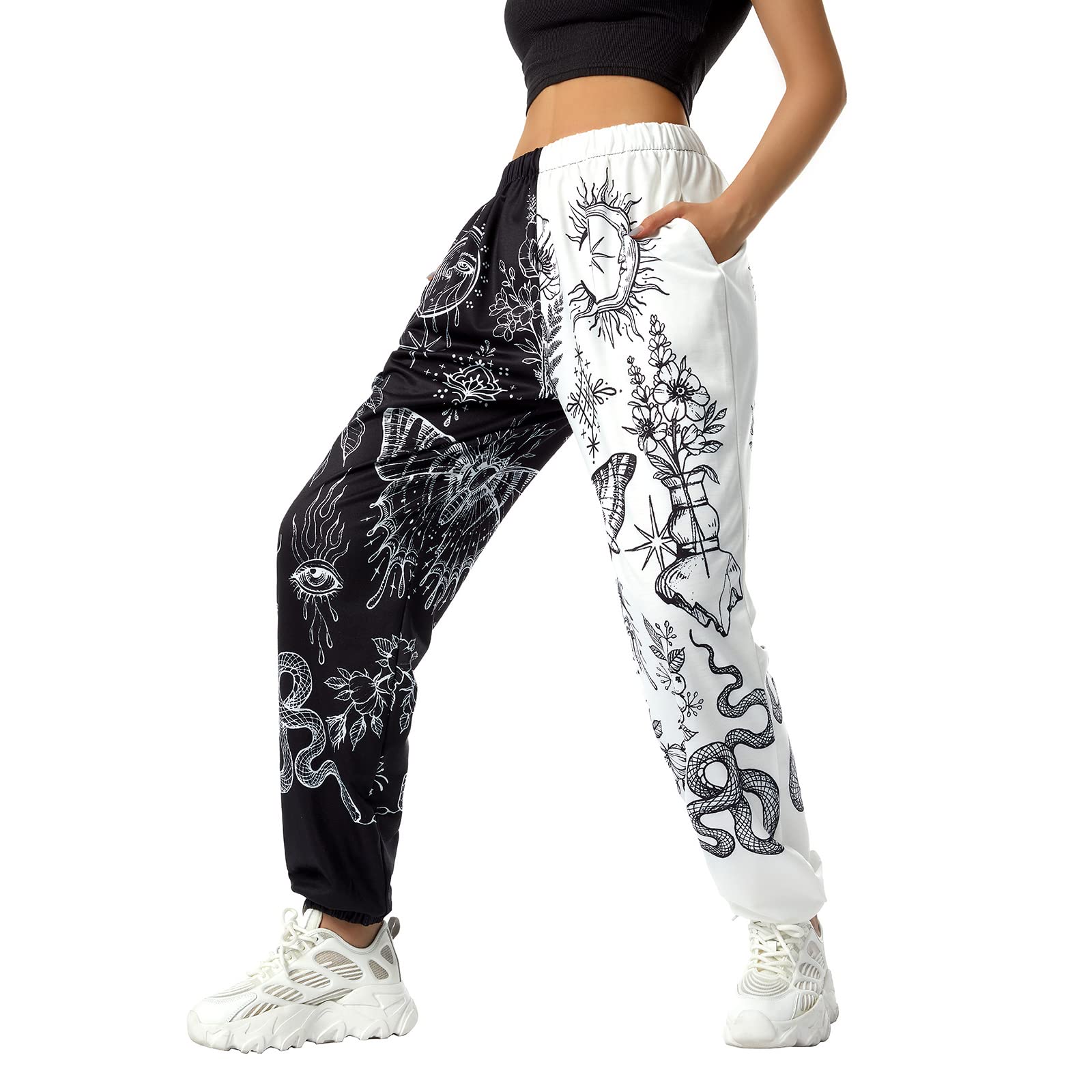 Domingbub Women Fashion Wild Casual Sweatpants 90S Hippie Harem Pants Elastic Waist Printed Patchwork Trousers