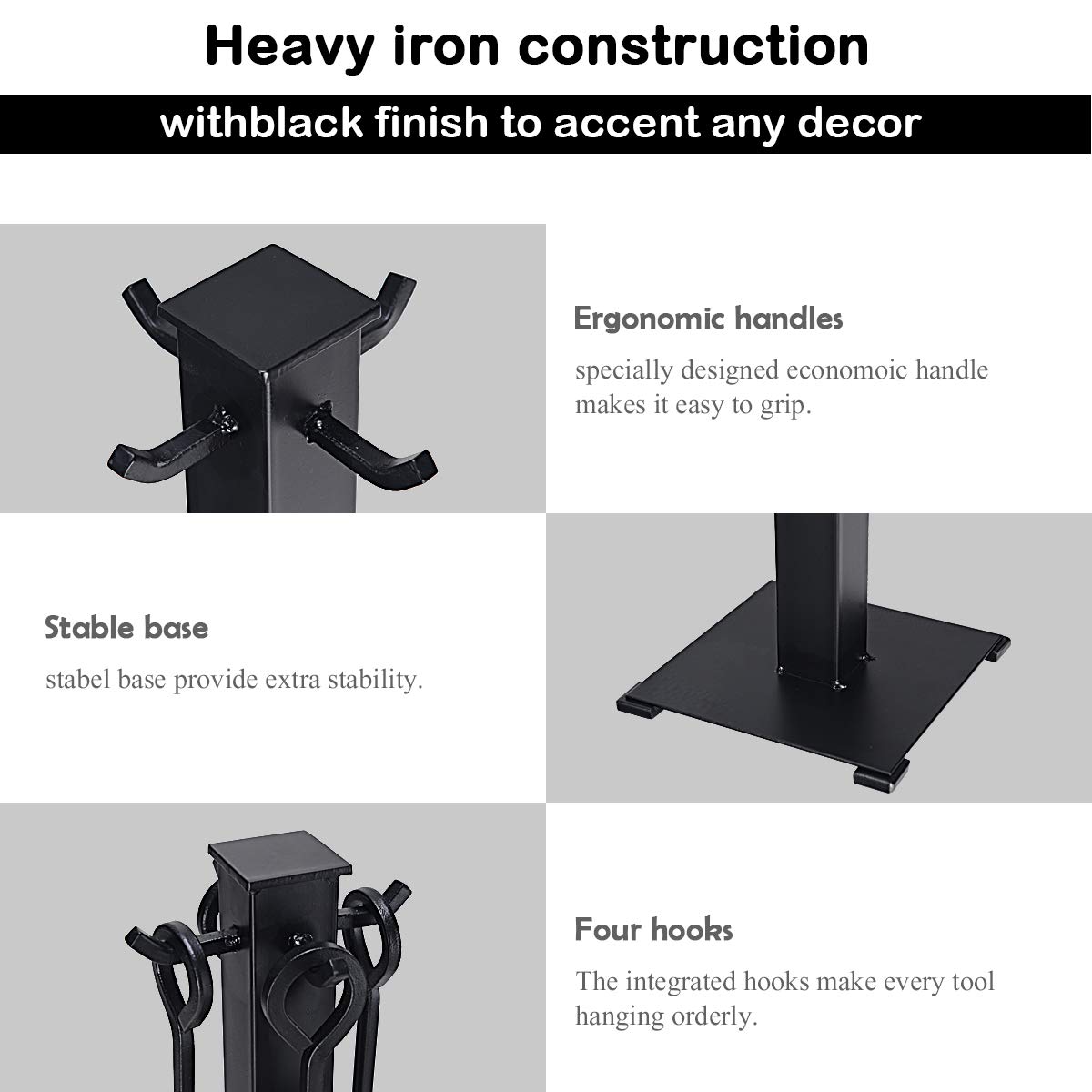 Tangkula 5 Pieces Fireplace Tools, Modern Contemporary Chimney Fireplaces Hearth Accessories,Includes Wrought Iron Tong Poker Base Shovel Brush, Indoor Outdoor Tools for Fireplace Black