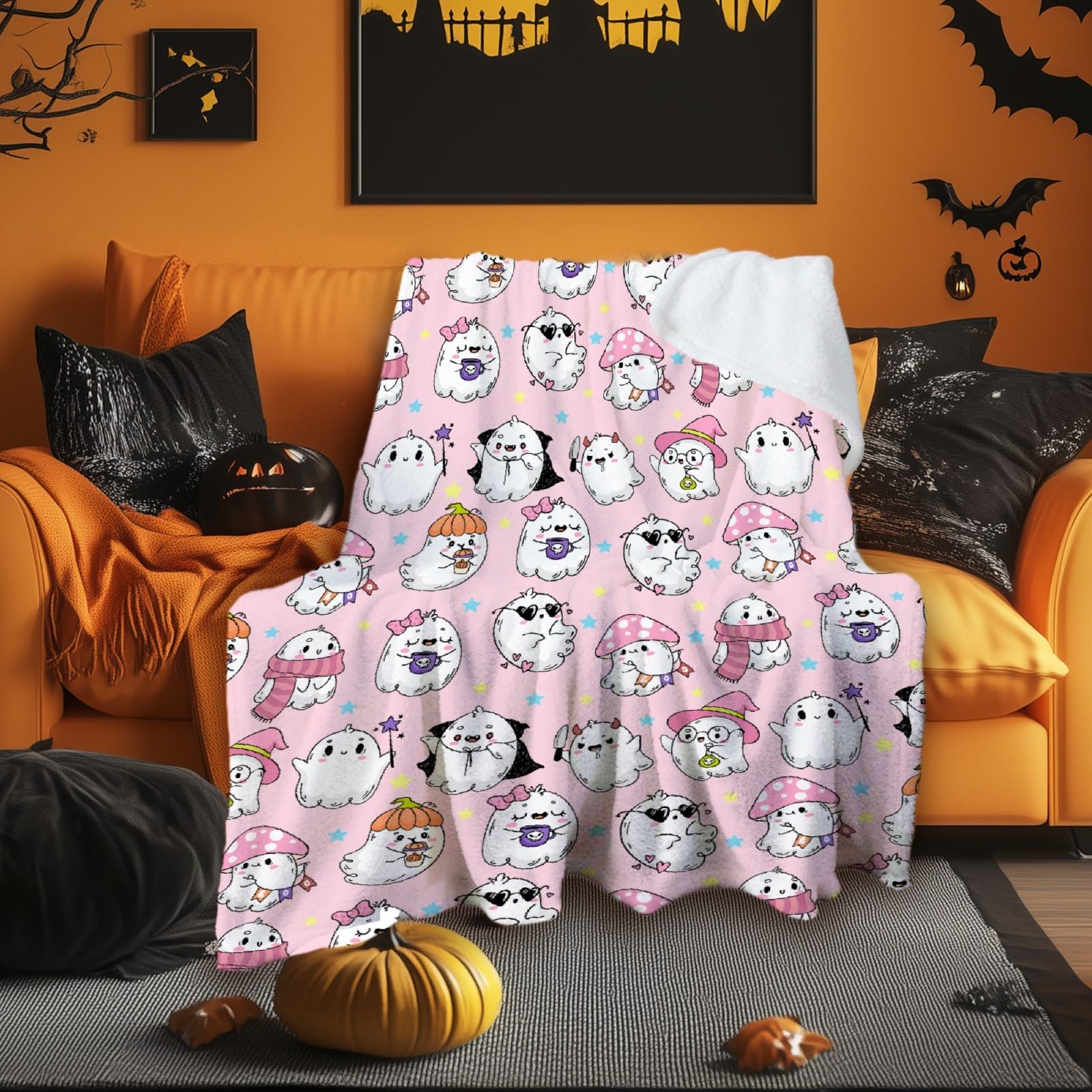 Halloween Blanket Cute Halloween Cute Ghosts Throw Blanket Gift for Girls Kids Halloween Ghost Decor Stuff 40"x50" for Halloween Decoration Cozy Soft Lightweight Bedding