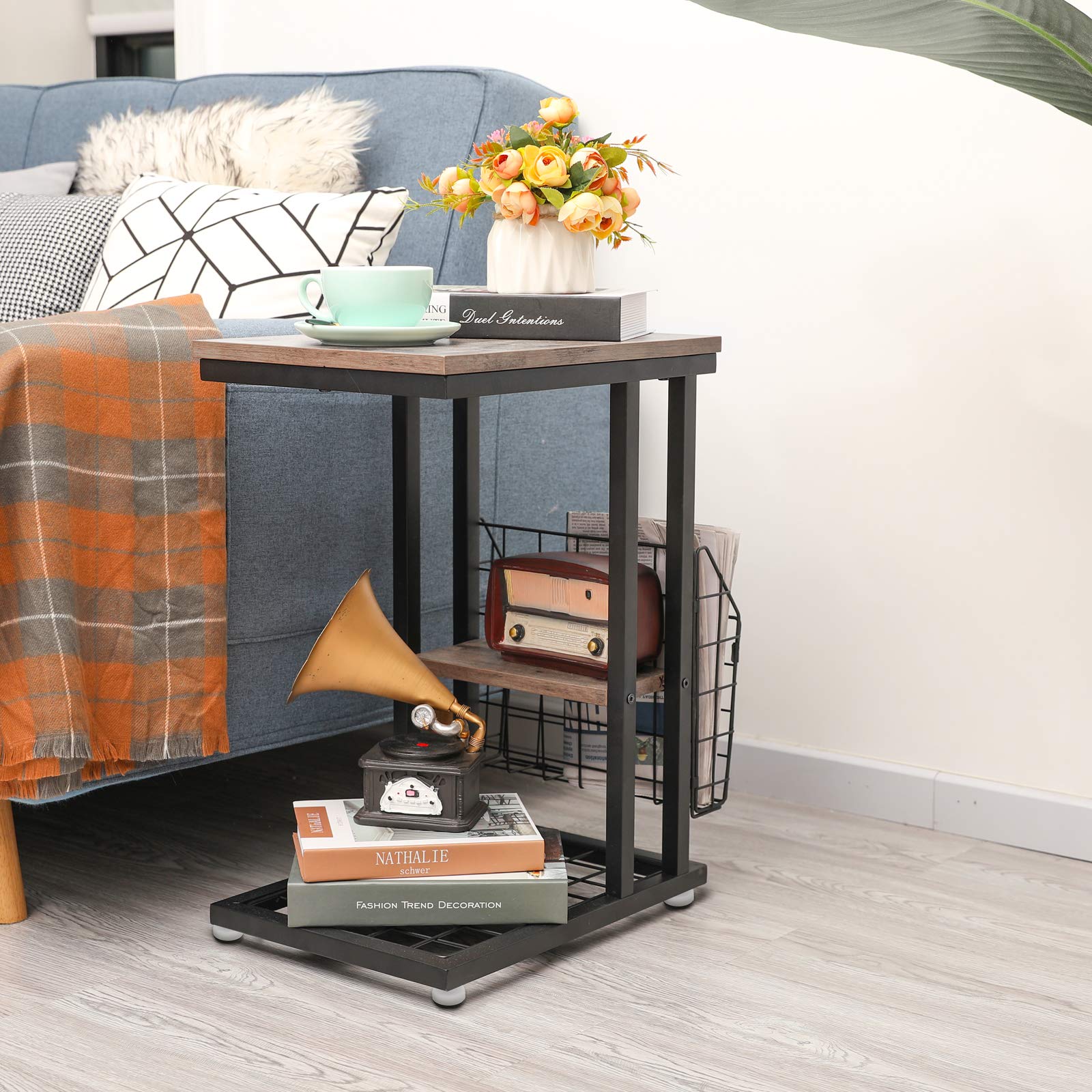 X-cosrack C End Table with Wheels C Shaped Side Table with Side Pocket Industrial Wood Sofa Side End Tables Rolling Casters for Coffee Laptop Sofa Couch Bed Living Room