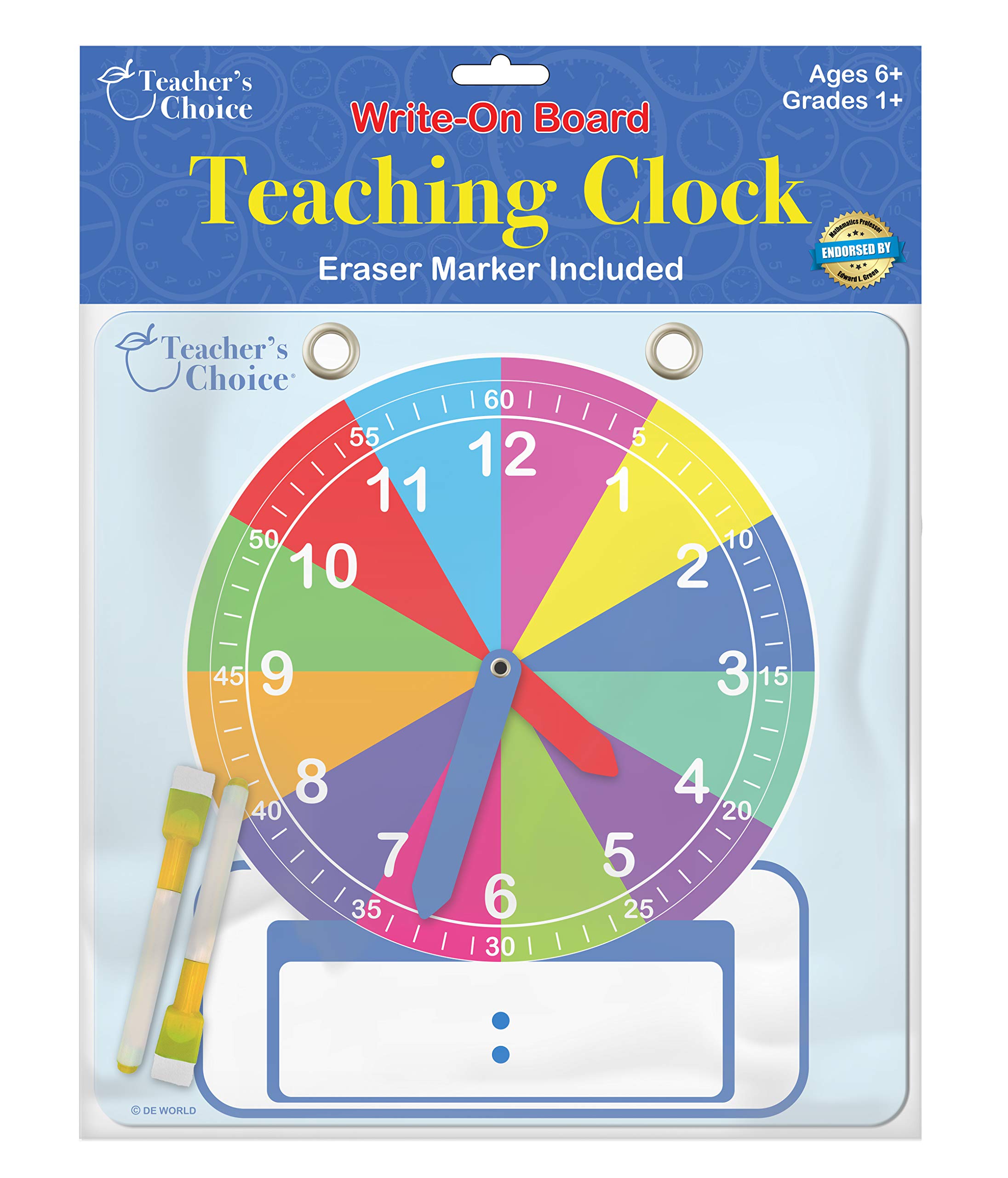 Teacher's Choice Writable Dry Erase Learning Clock | Large 12" Demonstration Teaching Time Practice Clock with Dry Erase Writing Surface | Marker Included | (Rainbow)