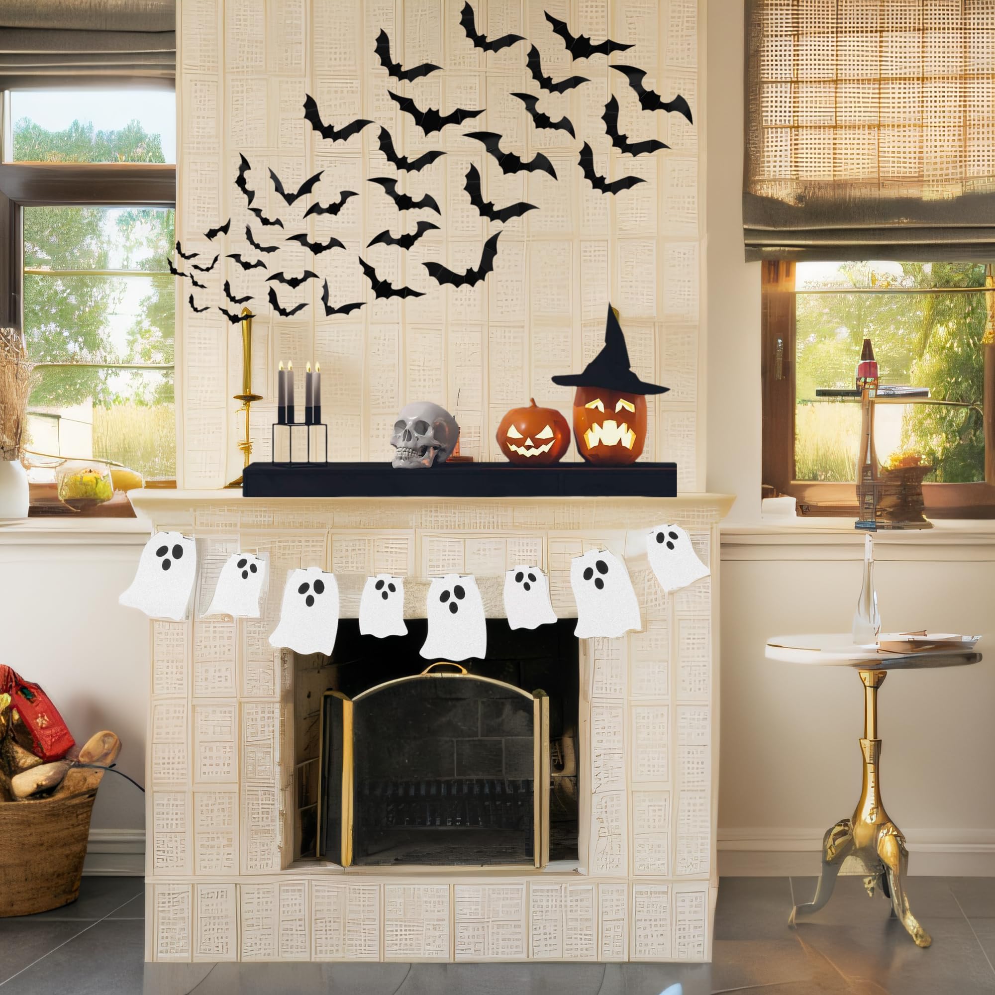 Halloween Hanging Glitter Ghost Banner with 60PCS 3D Halloween Bats β Spooky Party Decorations for Home, Office, and Classroom β Indoor and Outdoor Halloween Decor Set