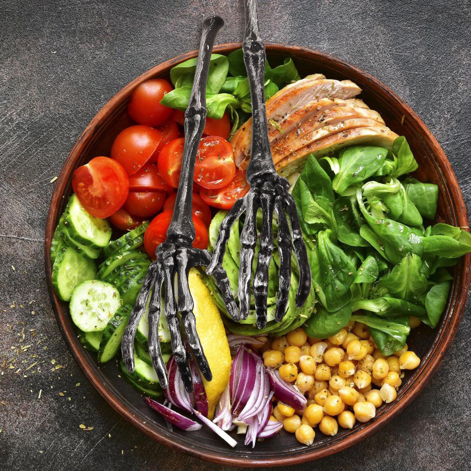 Hemoton 8pcs Halloween Skeleton Hands Salad Tongs Skull Salad Spoon Skeleton Arm Serving Forks Appetizer Kitchen Tableware for Haunted House Party Utensils