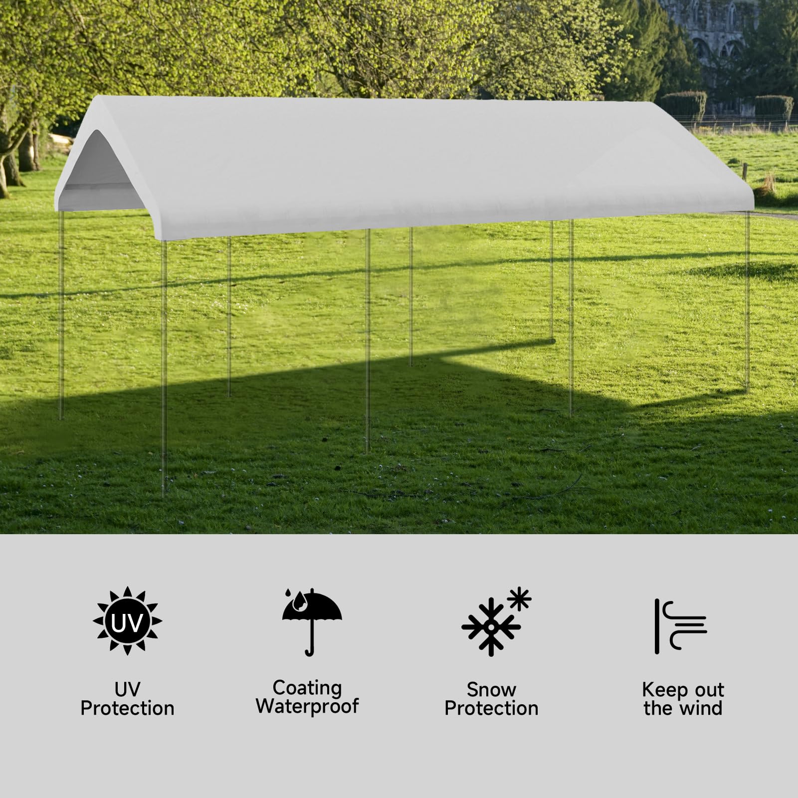 GOTRUTH 10x20 Canopy Replacement Cover, Carport Replacement Canopy, 800D Oxford Waterproof & UV Protected Tarp(Frame is not Included) (White)