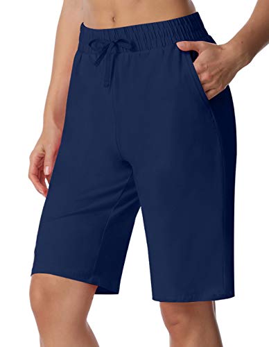ChinFun Women's Yoga Bermuda Shorts Athletic Lounge Cotton Sweat Shorts 10" Long Shorts Workout Running Shorts Navy L