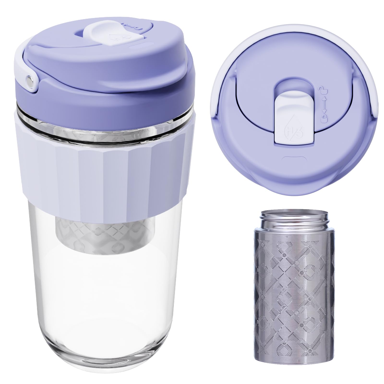 Leak-proof Glass Coffee Mug with Lid Lock, 17oz Reusable Coffee Cup with Stainless Steel Filter, Travel Tea and Fruit Infuser with Handle, BPA-free, Microwave and Dishwasher Safe