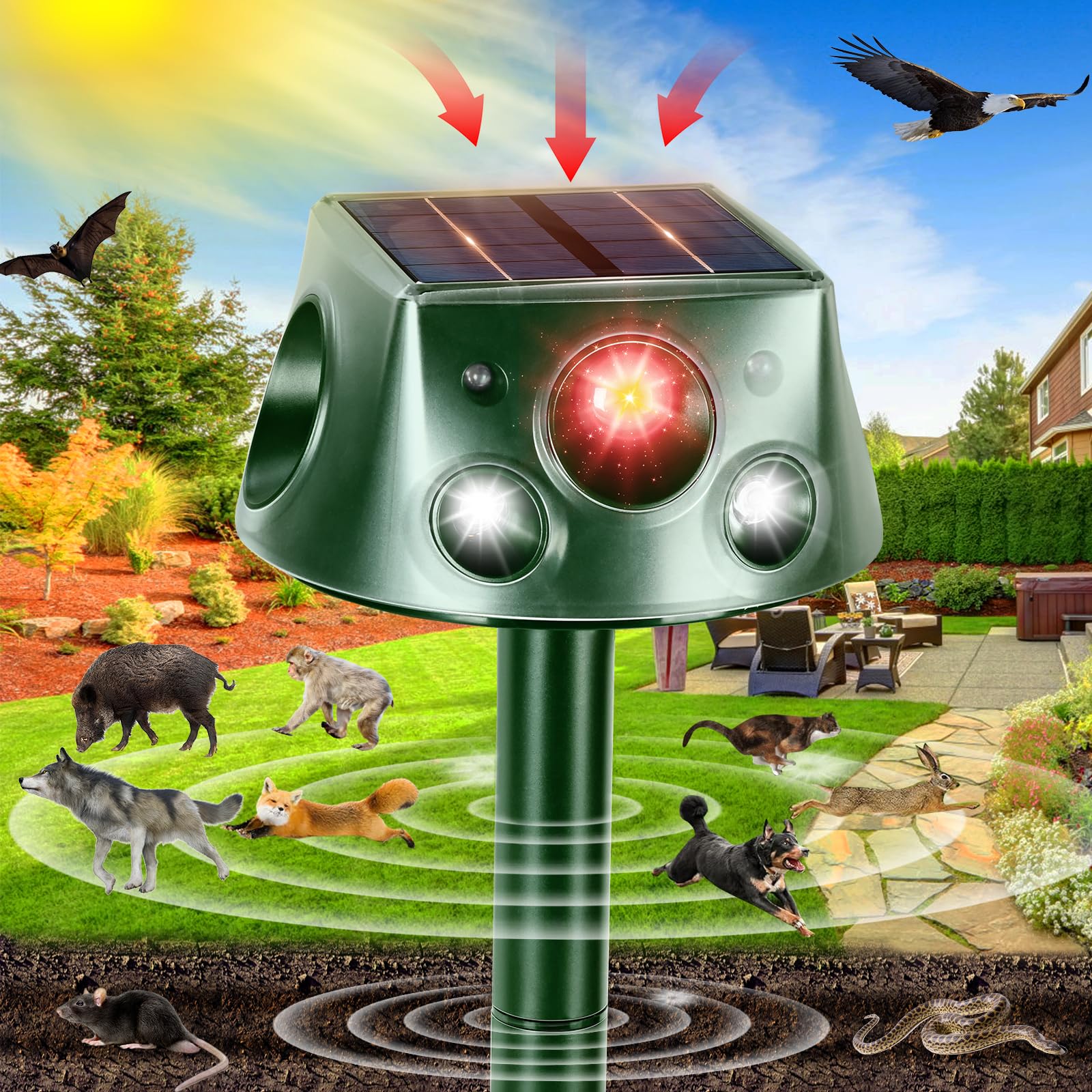 FRAMICS Solar Animal Repeller 360° Ultrasonic Animal Repellent Outdoor Solar Animal Repellent Cat Deterrent with Motion Sensor & LED Flashing Animal Repeller for Repelling Cat Squirrel Deer Raccoon