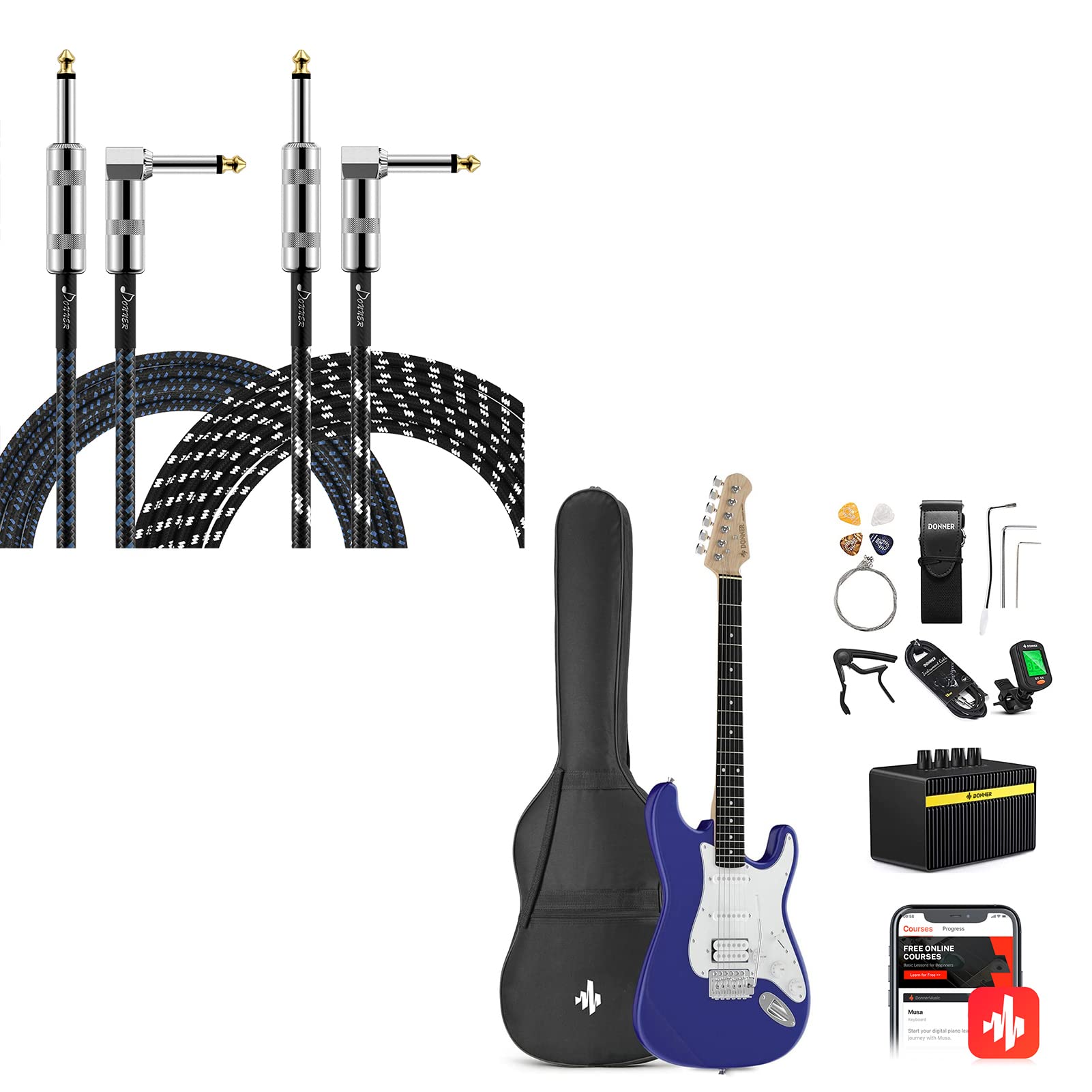 Donner DST-100L 39 Inch Electric Guitar Beginner Kit Solid Body Full Size Puple Sapphire Blue HSS Pick Up for Starter & Donner Guitar Cable 10 ft 2 Pack
