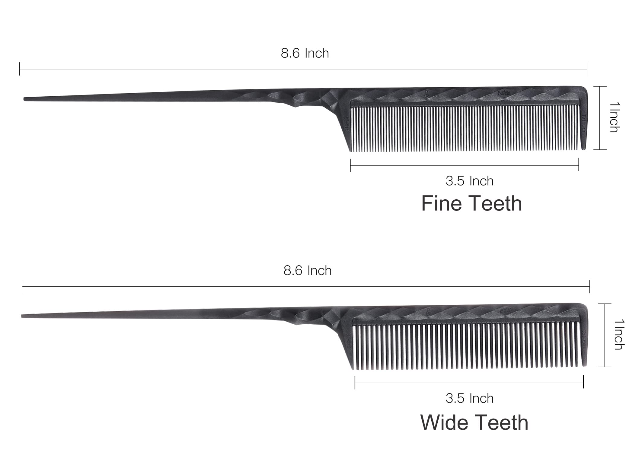 PERFEHAIR Heat Resistant Rat Tail Combs for Flat Iron Straightening, 2 Pieces Carbon Fiber Anti Static Styling Combs for Women, Fine and Wide Teeth, Black
