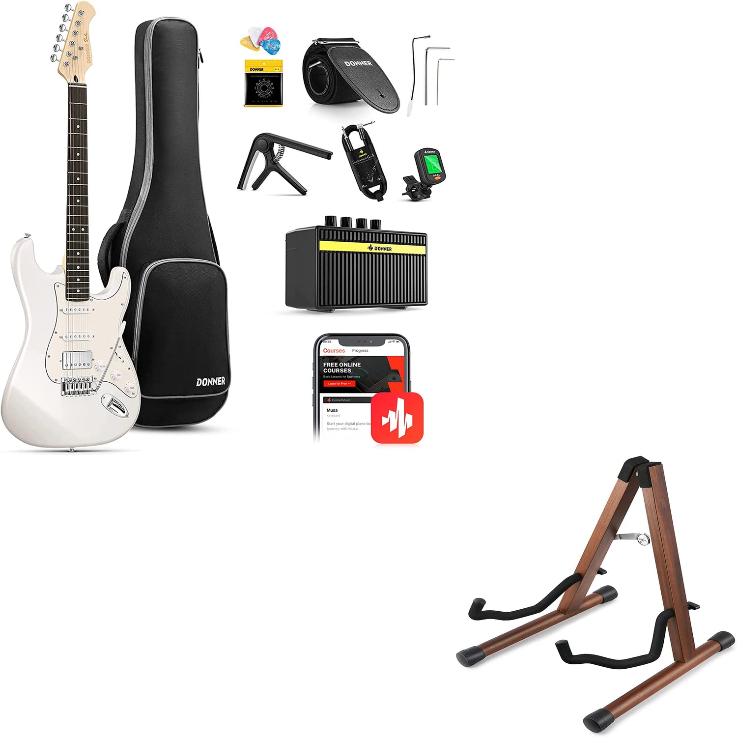 Donner DST-152 Electric Guitar Kit Bundle with Donner Wood Guitar Stand
