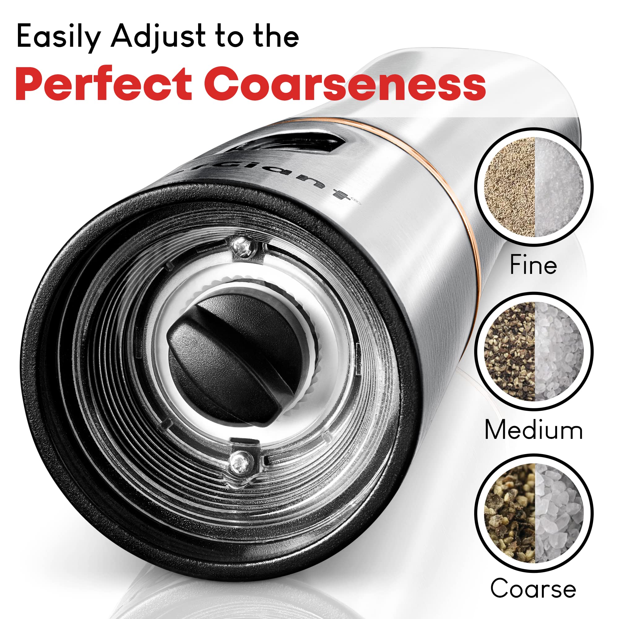 ChefGiant Electric Salt and Pepper Grinder Set - Rose Gold & Stainless Steel One Hand Operated Adjustable Coarseness Mill with LED Light, Batteries, Measuring Spoon & Brush