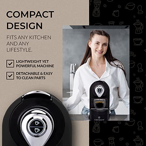 ChefWave Espresso Machine Compatible with Nespresso Coffee Capsules (Black), Pod Holder, Cups and Descaling Powder Bundle (2 Items)