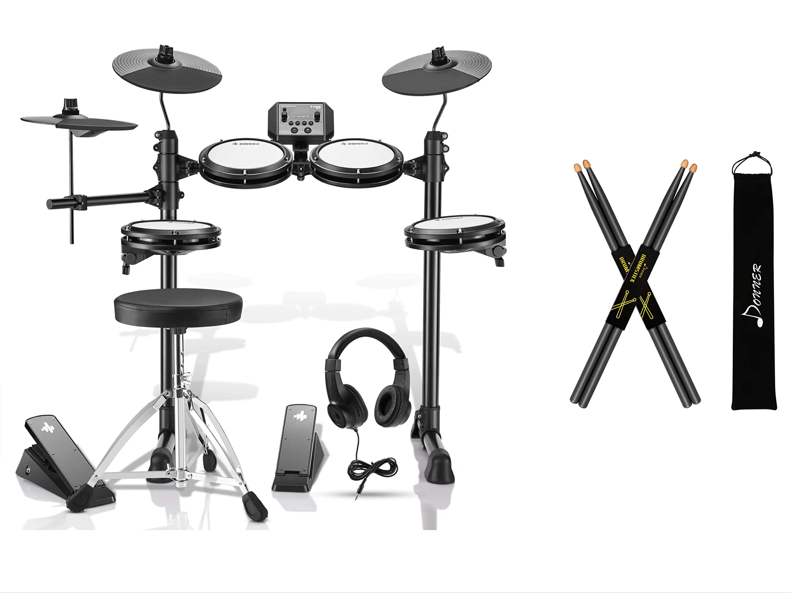Donner Electric Drum Set and 2 Pairs Drumsticks Set 5A Black