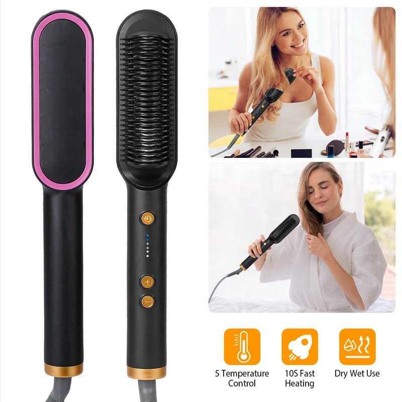 Hair Straightener Comb Matte Black, 10s Fast Heating & 5 Temp Settings & Anti-Scald, Perfect for Professional Salon at Home