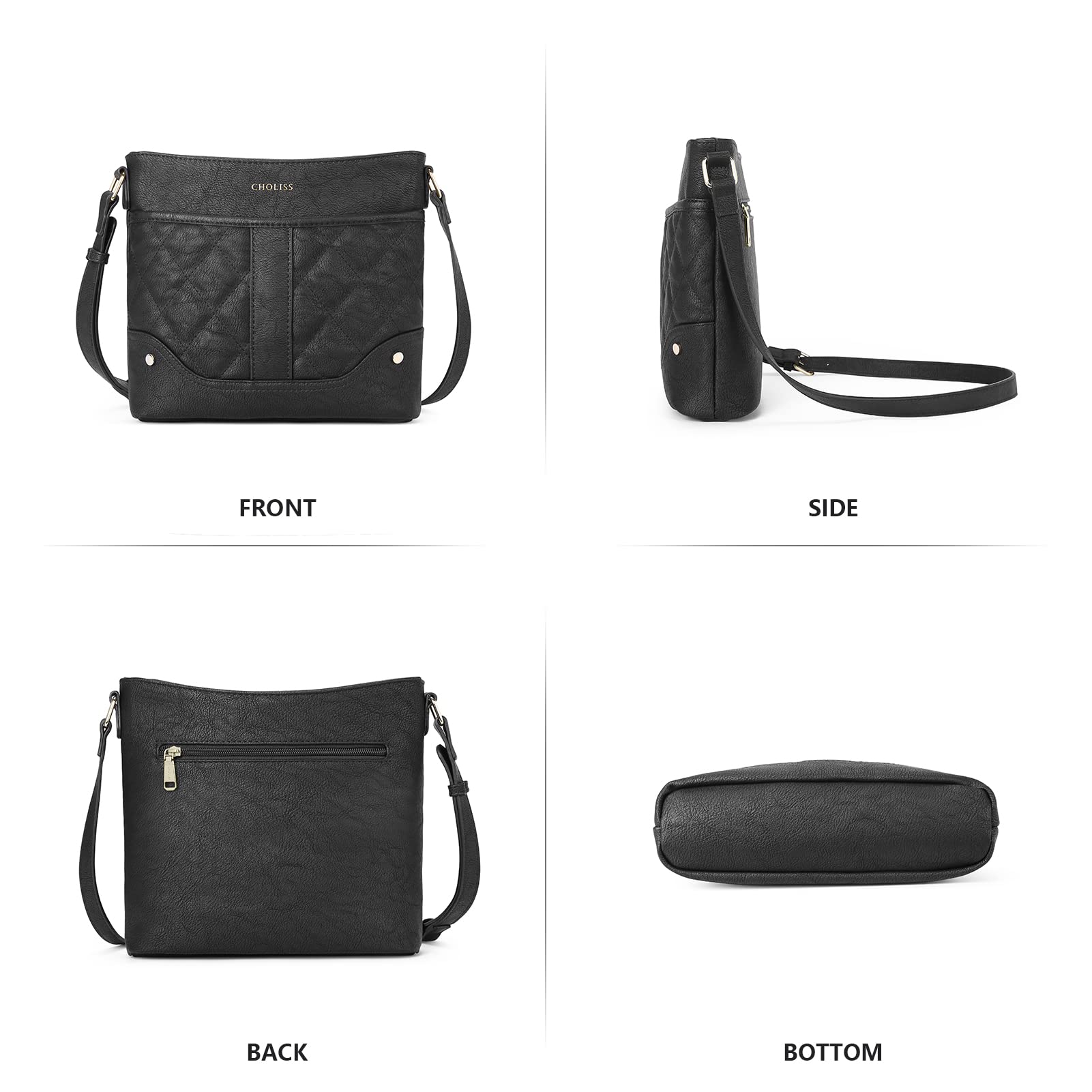 CHOLISS Crossbody Purse for Women, Medium Size Zipper Pocket Women Purse Bag Adjustable Strap,Retro Leather Shoulder Handbag, Black