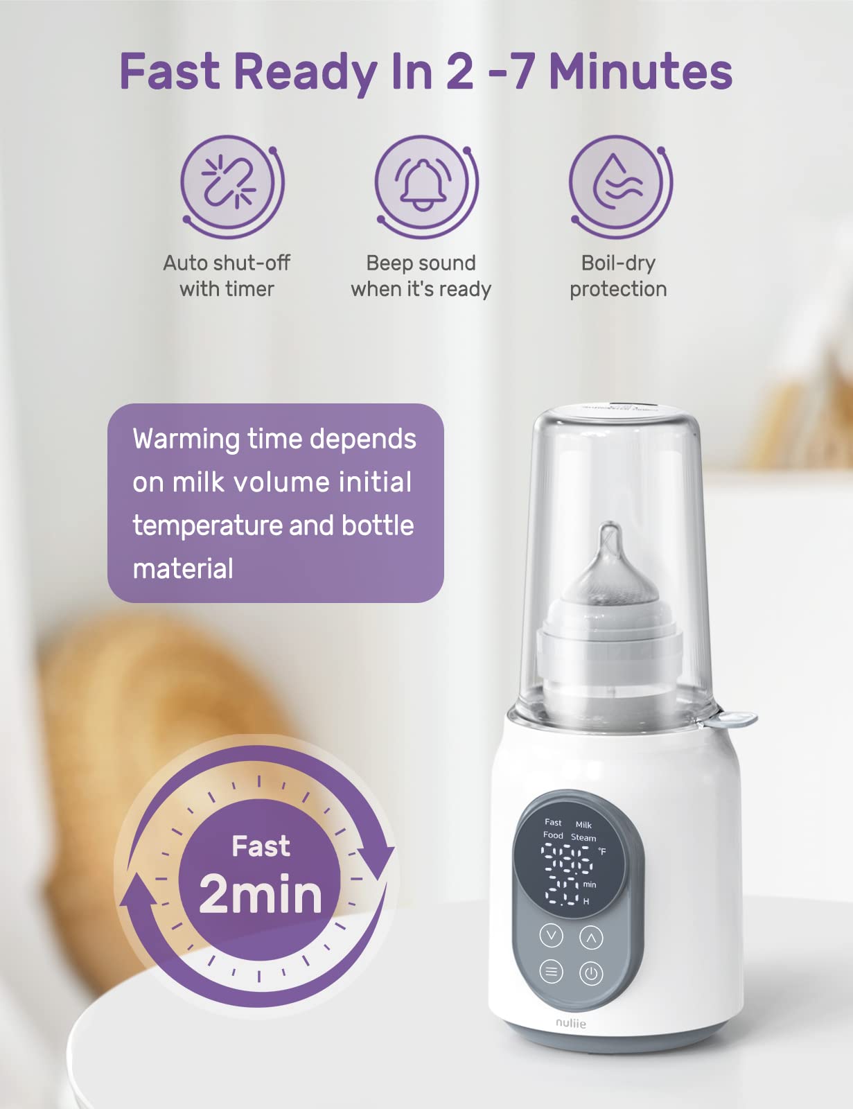 Nuliie Fast Bottle Warmer, 6-in-1 with Larger LCD Display Smart Temperature Control and Automatic Shut-Off, BPA Free Baby Bottle Warmer for Breastmilk or Formula