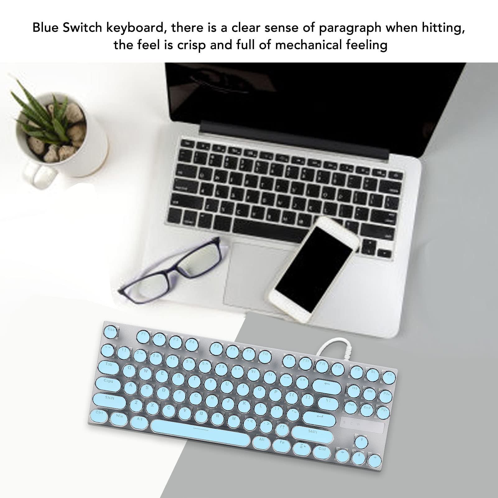 GOWENIC Mechanical Keyboard, 87 Keys Compact Full Key Mechanical Gaming Keyboard with RGB Backlit, Blue Switch, Waterproof, for PC Laptop, for Windows (Blue Electroplating Punk)