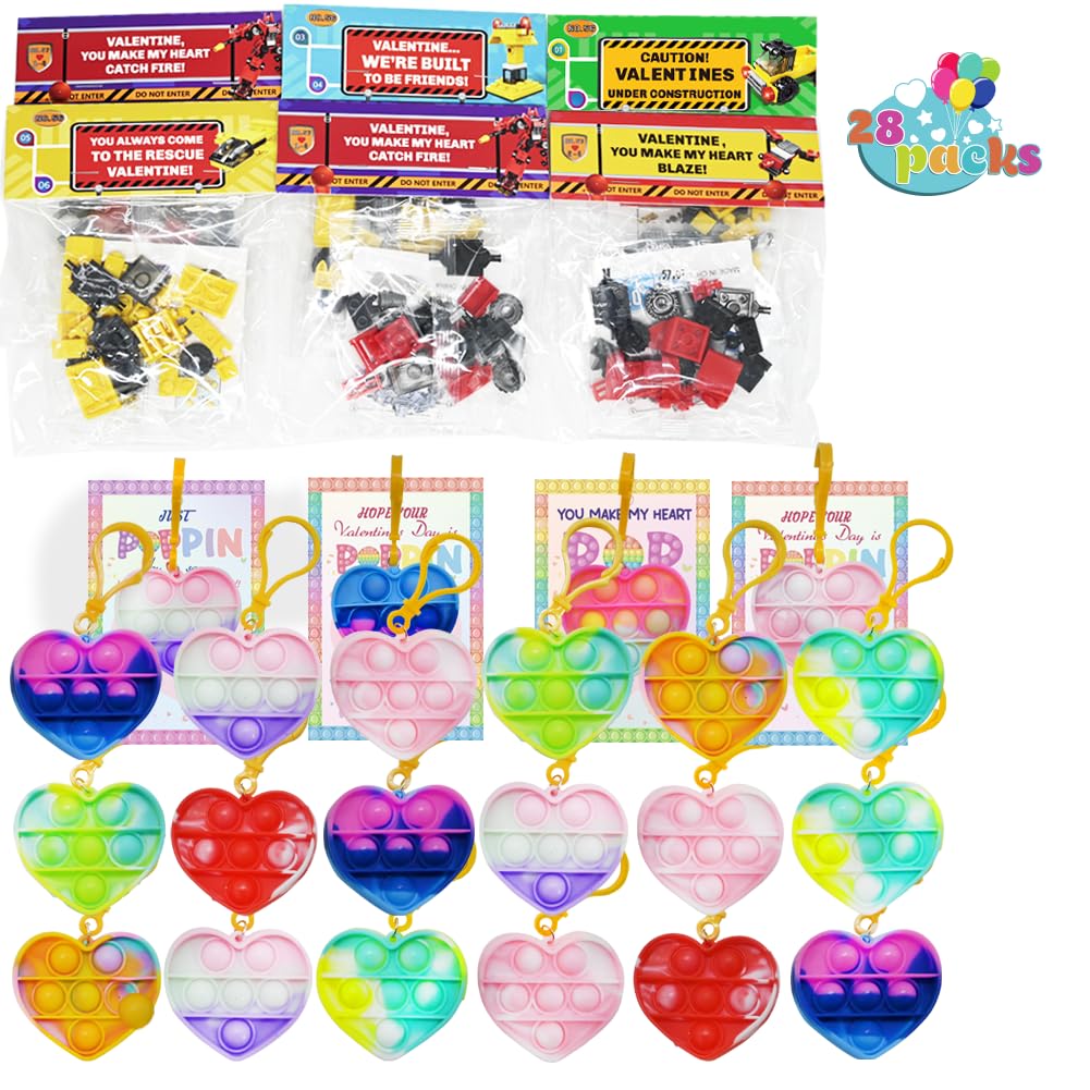 WODMAZ Valentines Day Gifts for Kids, 28 Pack Valentines Day Cards with Heart Pop Fidget Toys for Valentine Party Favors, Valentine Classroom Exchange Prize Supplies, Valentine's Greeting Cards