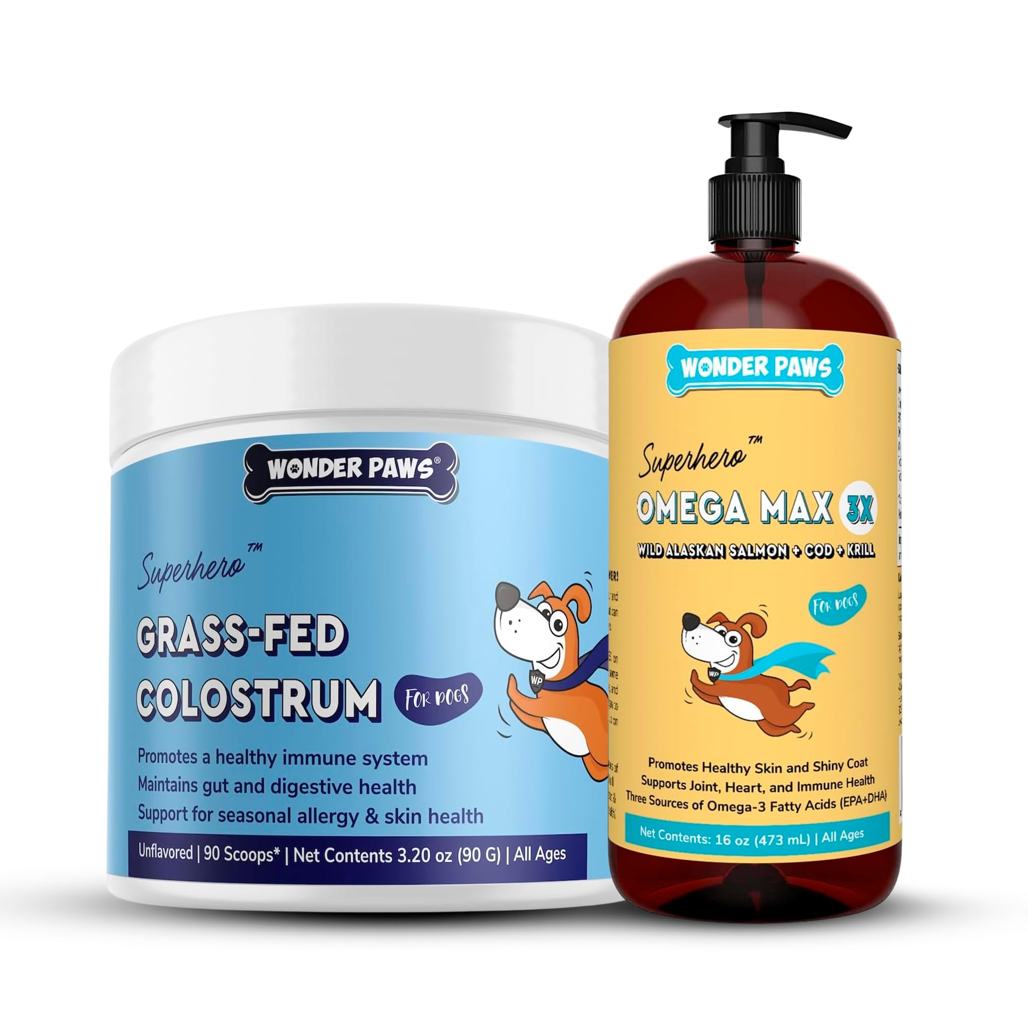 Grass-Fed Colostrum Powder Plus Omega Max Fish Oil - for Dog’s Immune Support, Skin, Allergies, Joint Care and Overall Health – Colostrum 3.20 Ounces - Omega Max 16 Ounces