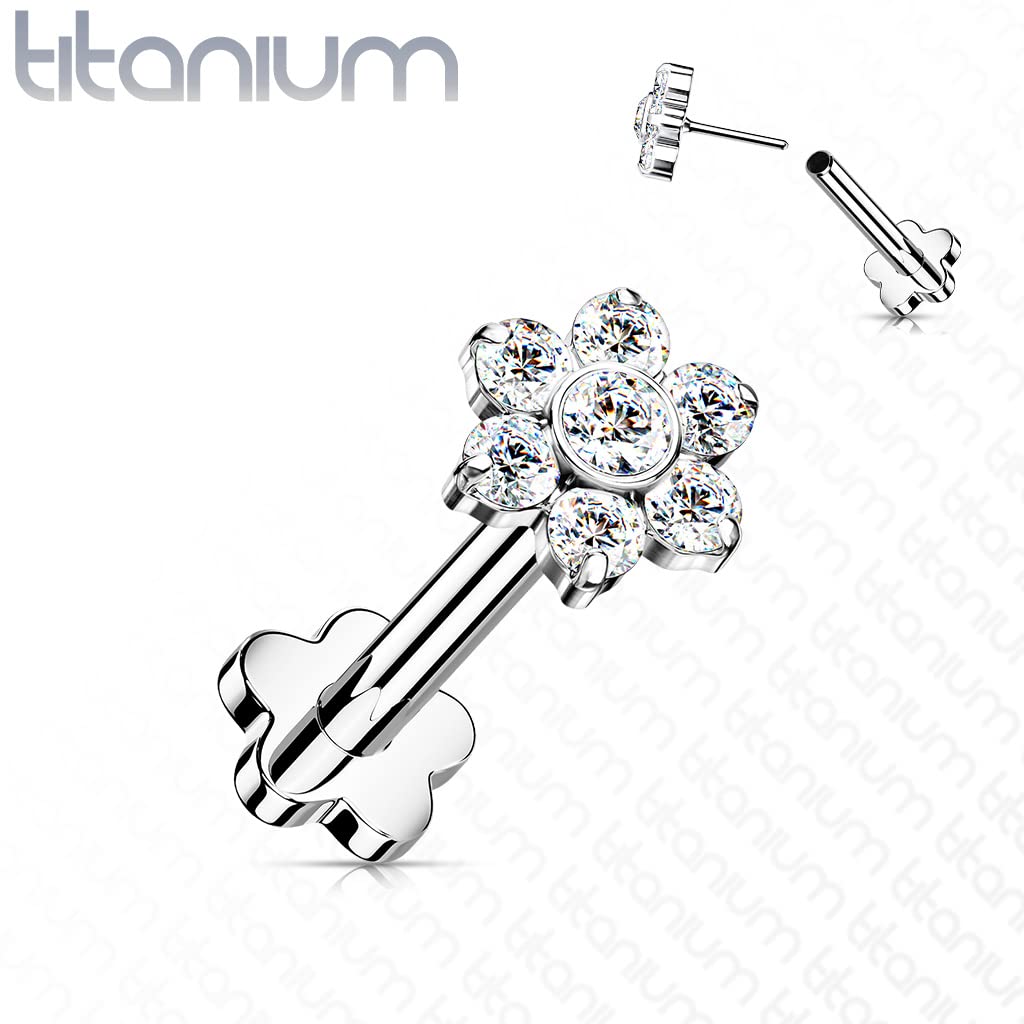Dynamique Implant Grade Titanium Threadless Push In Flower Base Labret, Flat Back Studs With CZ Flower Top For Cartilage, Monroe (Sold Per Piece)