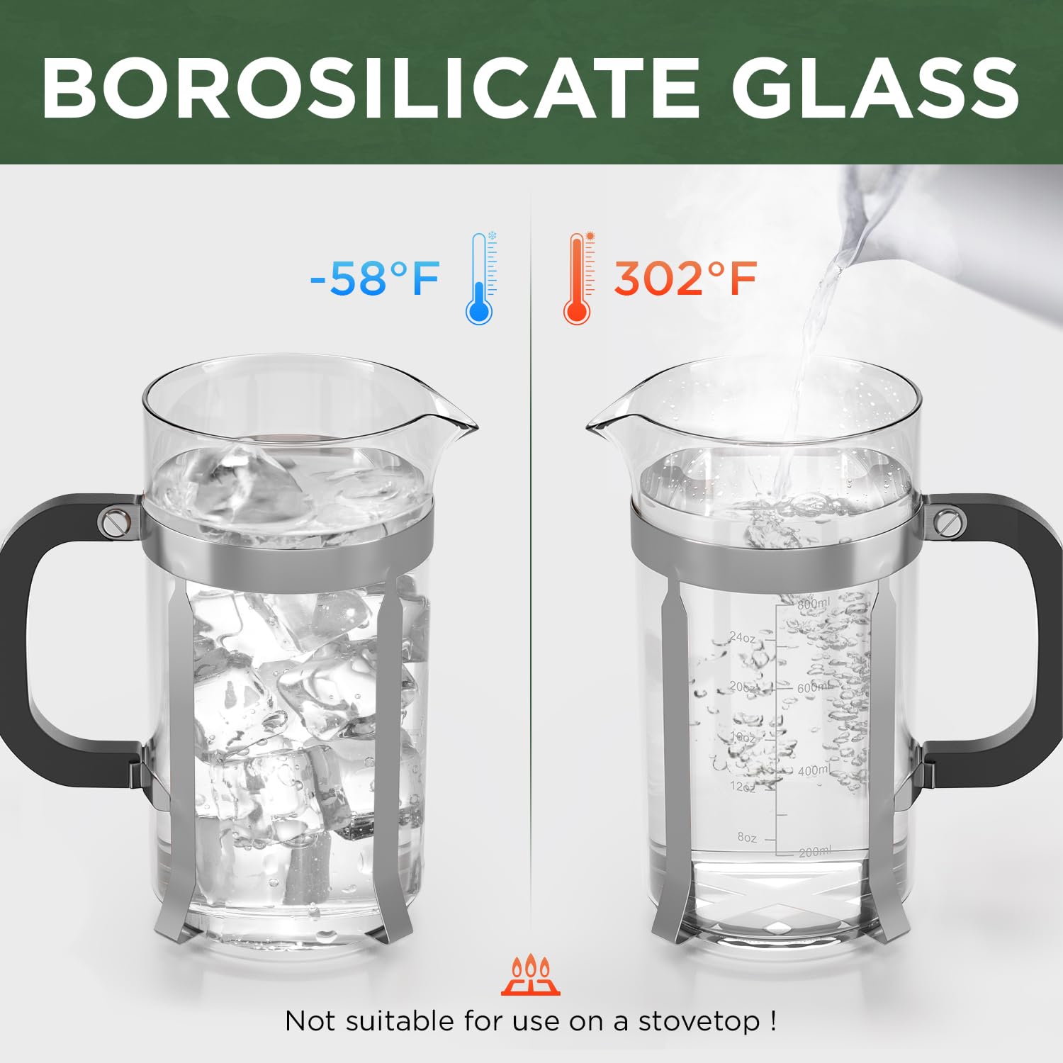 French Press Coffee Maker, 34 Ounce 1 Liter, Stainless Steel, Cold Brew Heat Resistant Borosilicate Glass Espresso Coffee & Tea Maker with 4 Filter