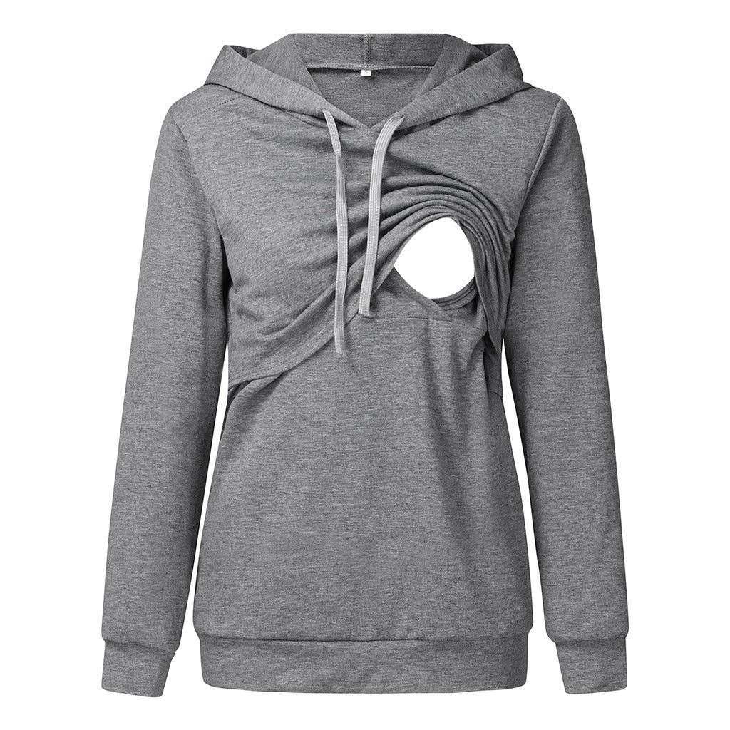 Women Nursing/Maternity Hoodies Sweatshirts Winter Breastfeeding Pullover Pregnancy Layered Long Sleeve Tuncis T Shirt Blouse (Gray, M)