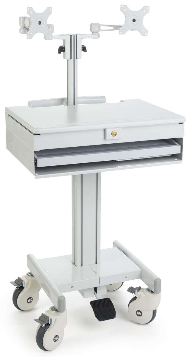 Displays2go Mobile Medical Cart with 2 Monitor Holders, Height Adjustable, Pullout Tray, Steel, Plastic, MDF – Gray (DWMDC2M)