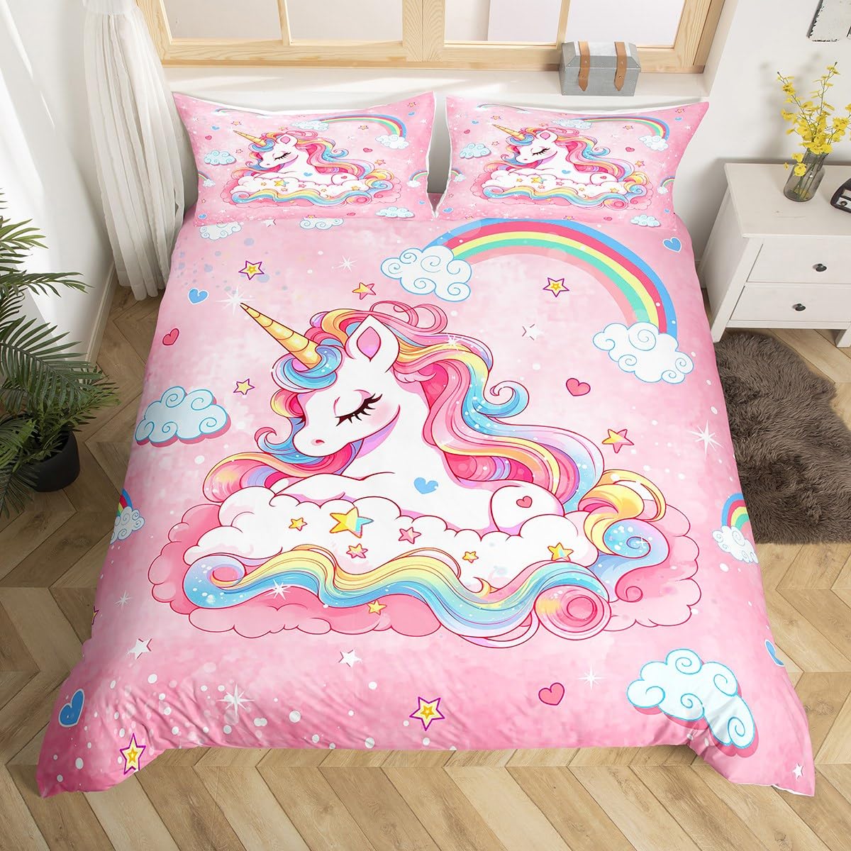 jejeloiu Cute Unicorn Bedding Set Full Size Kids Pink Cartoon Unicorn Comforter Cover Set for Boys Girls Teens Magical Animal Decor Duvet Cover Dreamy Horse Bedspread Cover Room Decor Quilt Cover